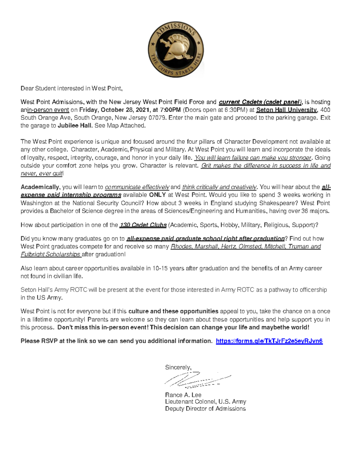 Army - Idk - Dear Student interested in West Point, West Point ...