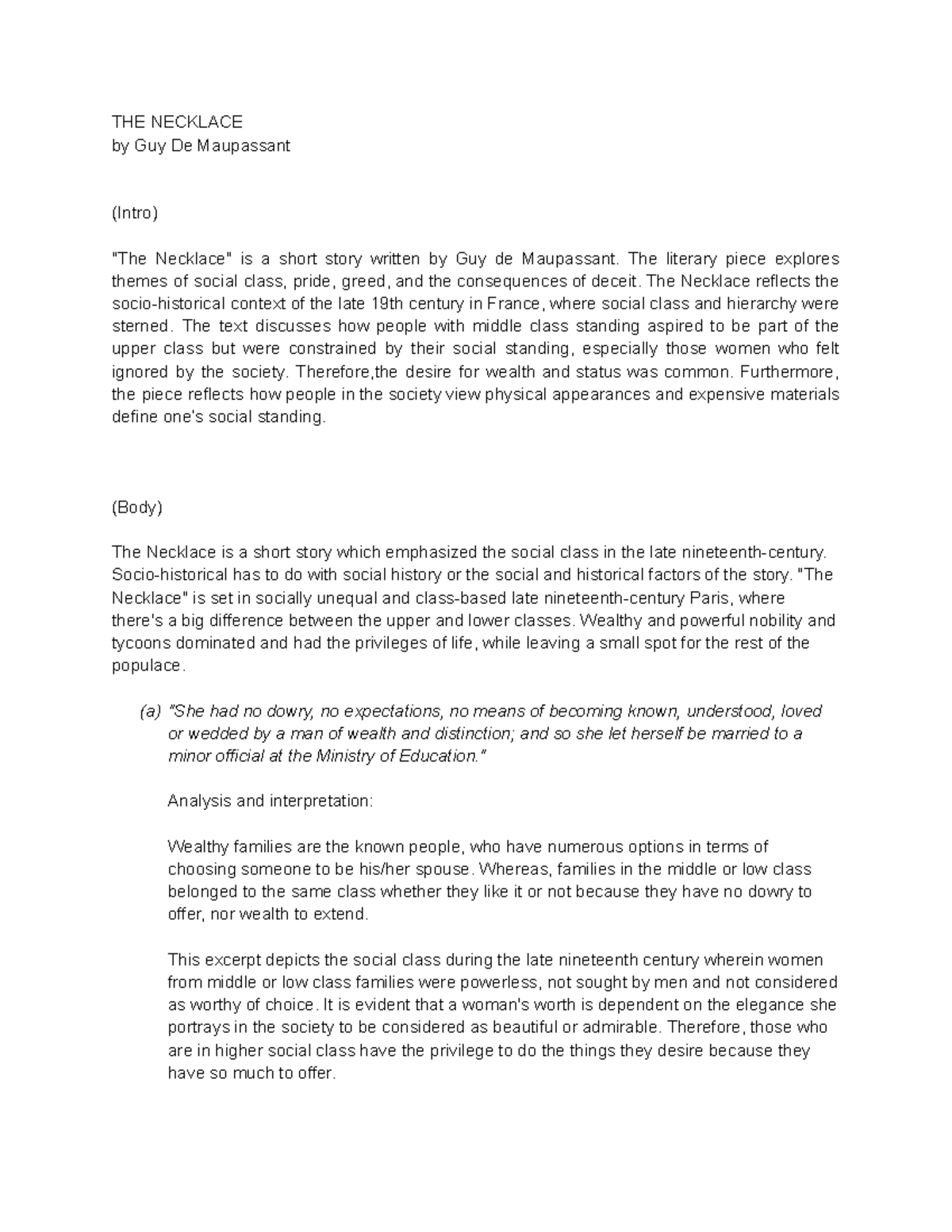 Critical Analysis of 'The Necklace' by Guy de Maupassant - Studocu