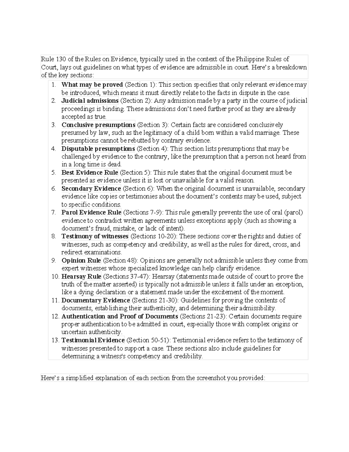 Rule 130: Guidelines on Admissible Evidence in Philippine Courts - Studocu