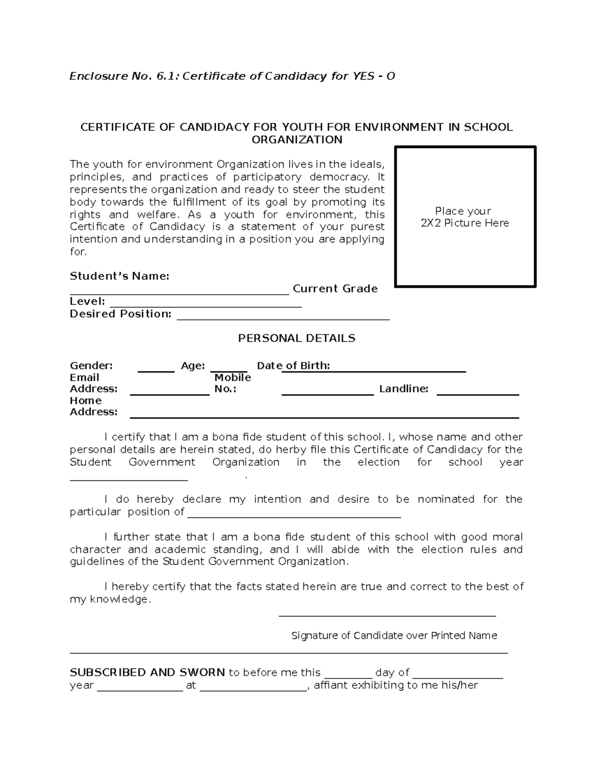 Certificate of Candidacy for YES – O Student Government Role - Studocu