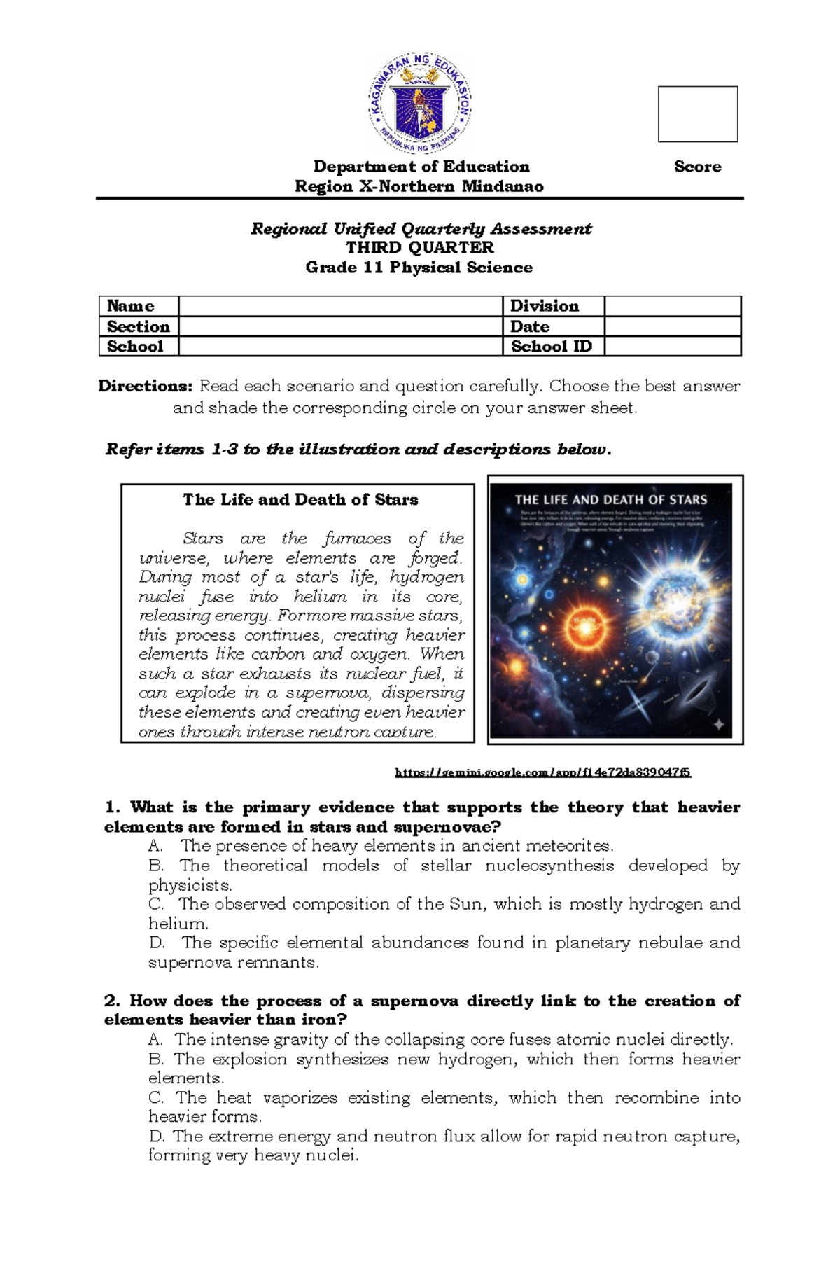 Physical Science - 3rd Quarter Exam RUQA 2025: Heavy Elements ...
