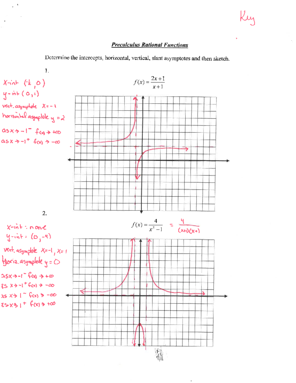 Rational Function Graphing Practice 2 Key - Key Precalculus Rational ...