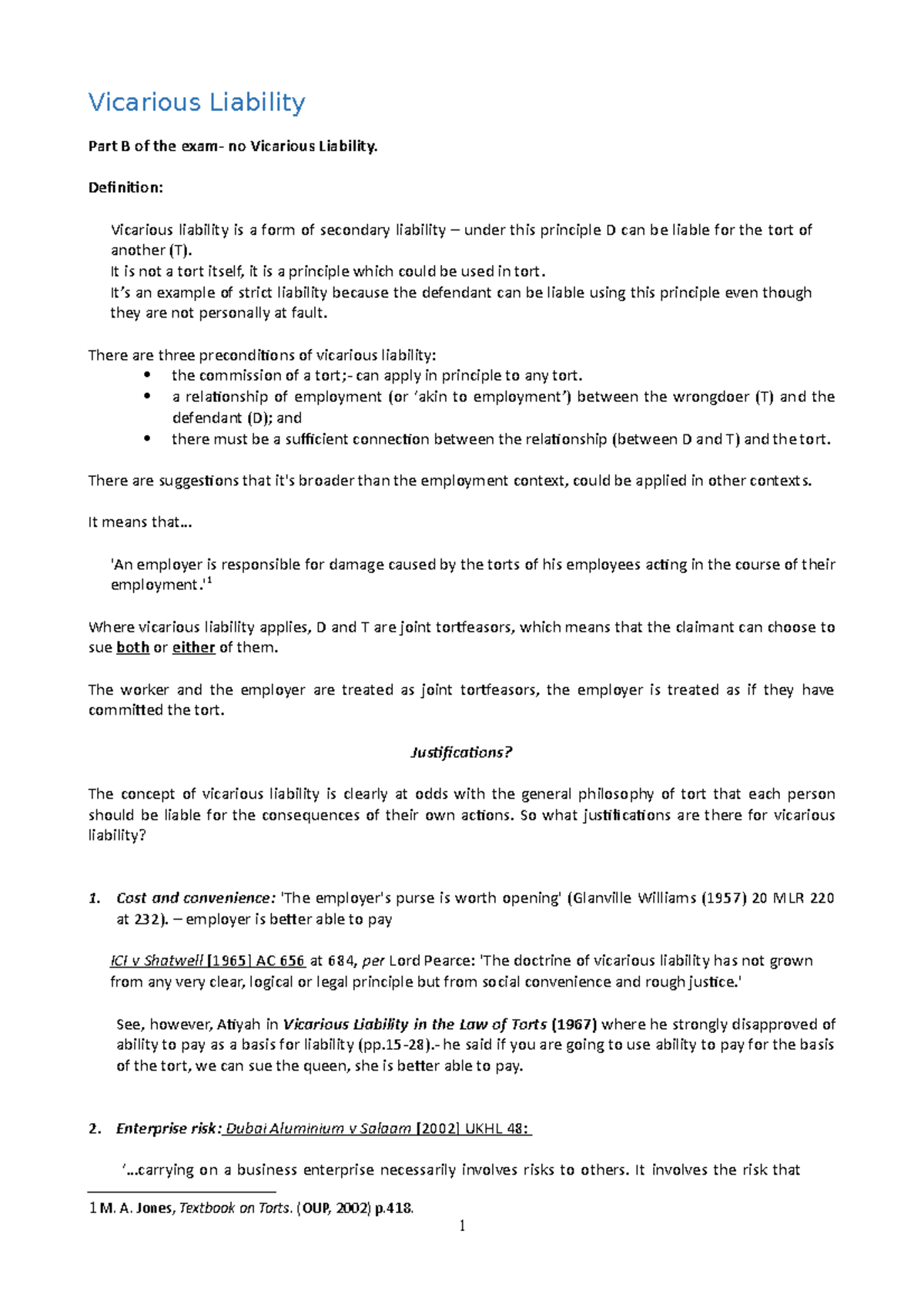 Vicarious Liability Lecture Notes (Course Code: LAW123) - Studocu
