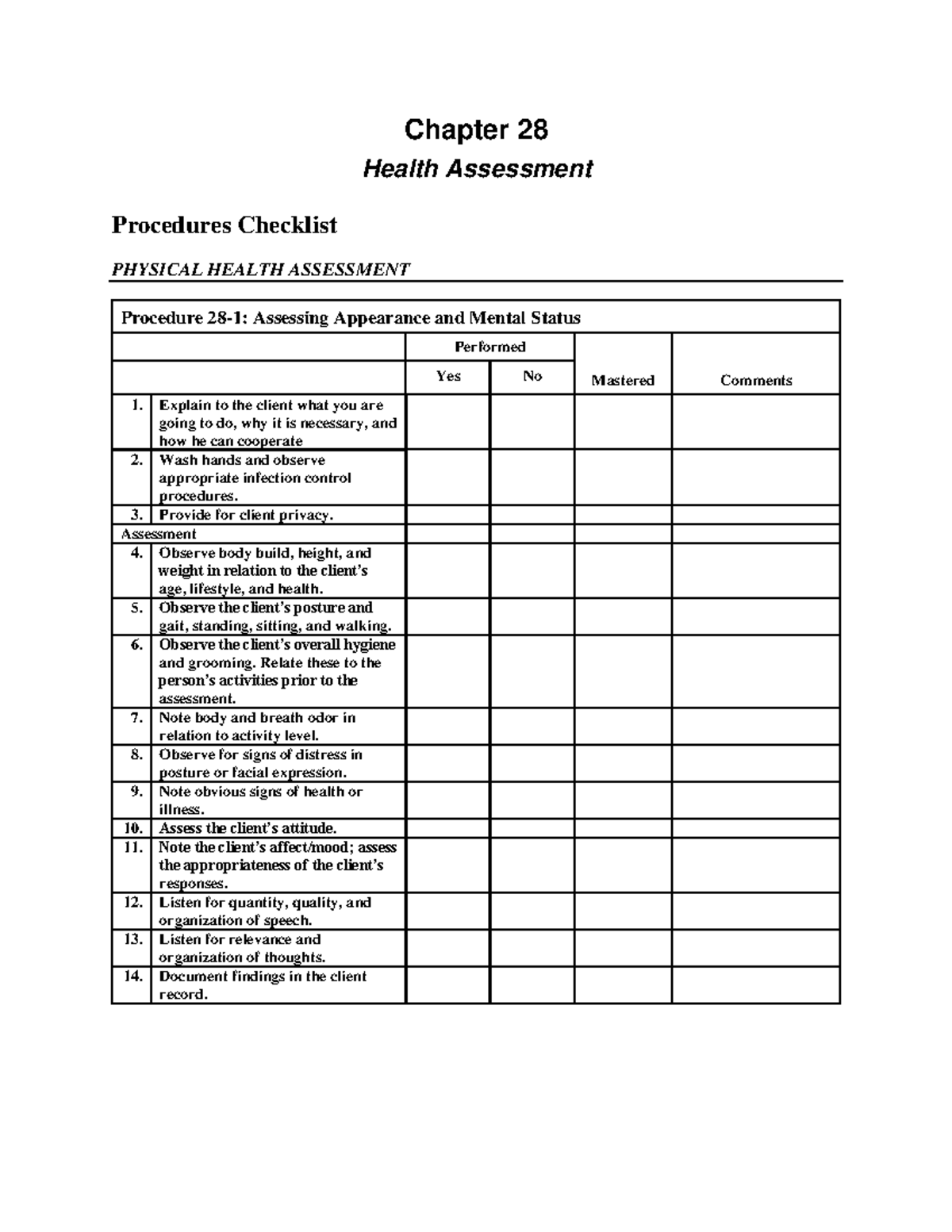 Checklist for Health Assessment Procedures - Course Code RTDEM - Studocu