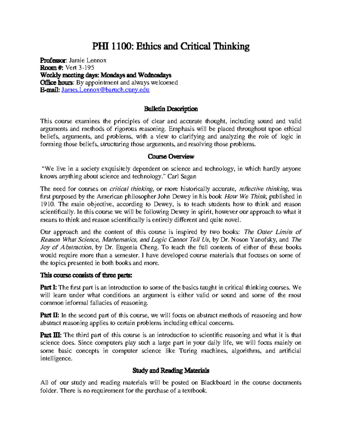 PHI 1100 Ethics and Critical Thinking Syllabus - Fall 2023 Update - Studocu