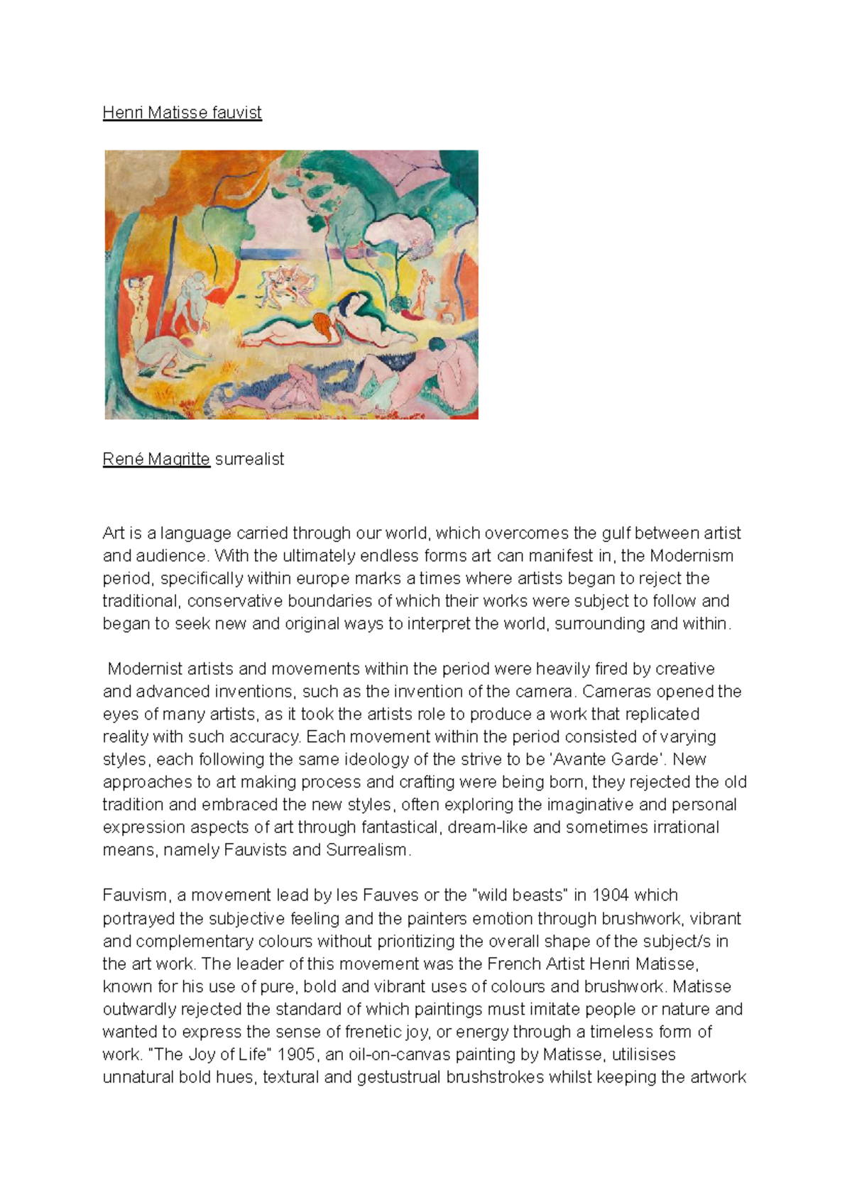 VA Notes 2026: Exploring Matisse and Magritte in Modern Art - Studocu