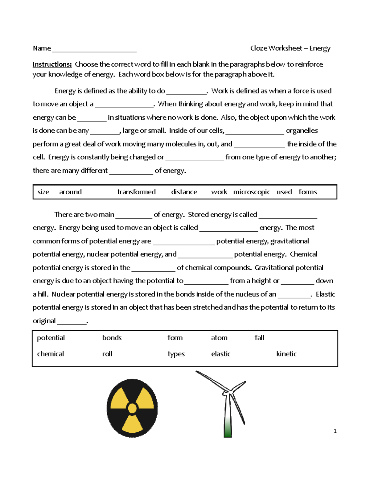 Middle School Science Cloze Worksheet: Forms of Energy Transf. - 1 ...