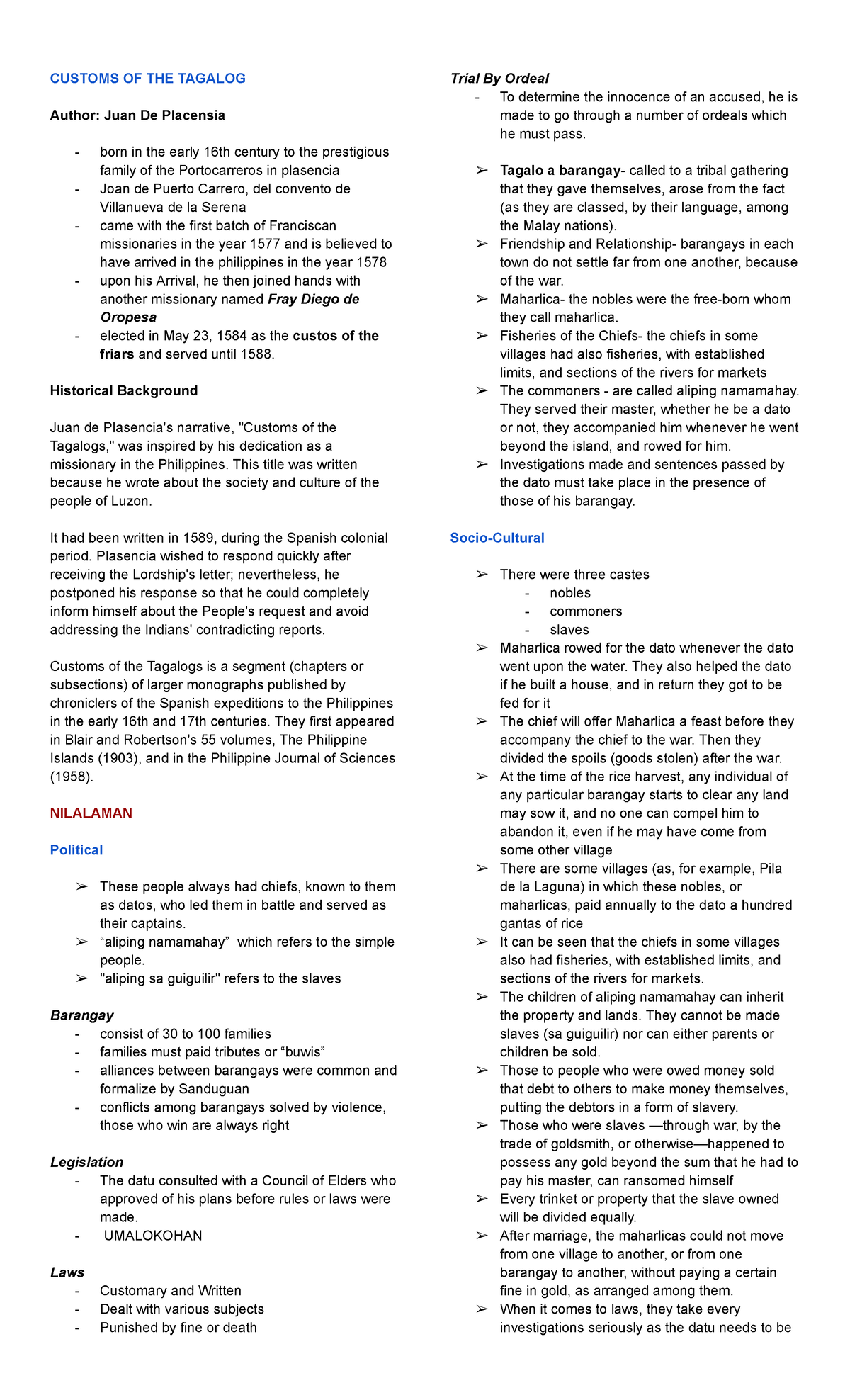 RPH Final Exam Reviewer on Juan de Plasencia's Customs of the Tagalogs ...