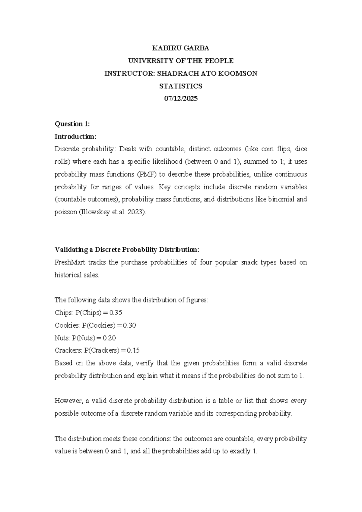 Assignment Activity: Statistics Unit 4 - Discrete Probability & Expected Values - Studocu