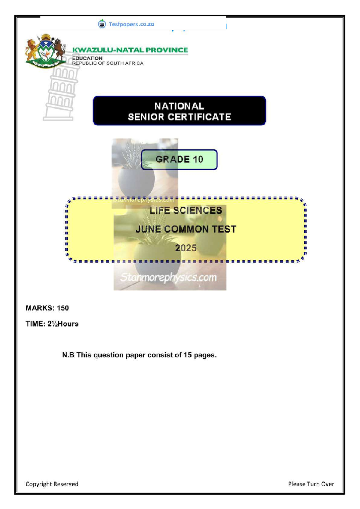 KZN Life Sciences Grade 10 June 2025 Question Paper & Memo - Studocu