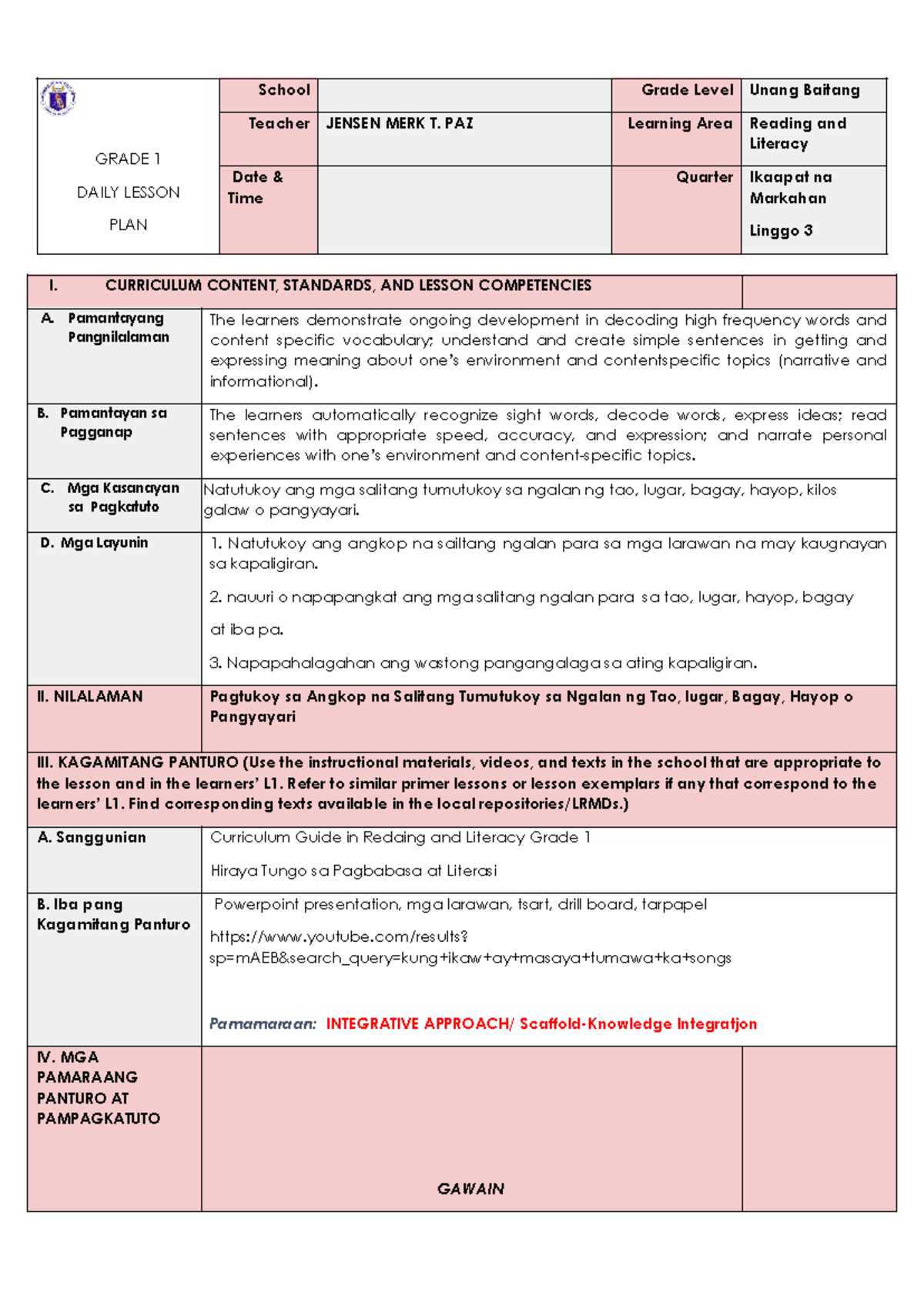 COT- Grade 1 Reading and Literacy - Daily Lesson Plan (Q4 W3) - Studocu