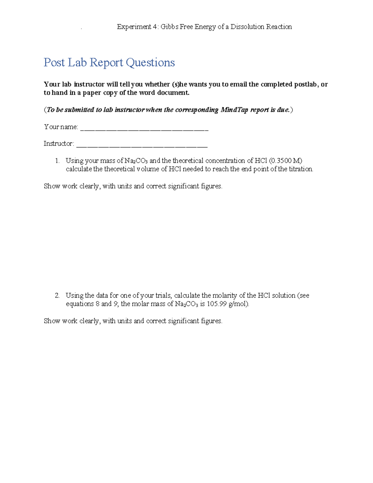 Experiment 5: Gibbs Free Energy of a Dissolution Reaction Post Lab ...