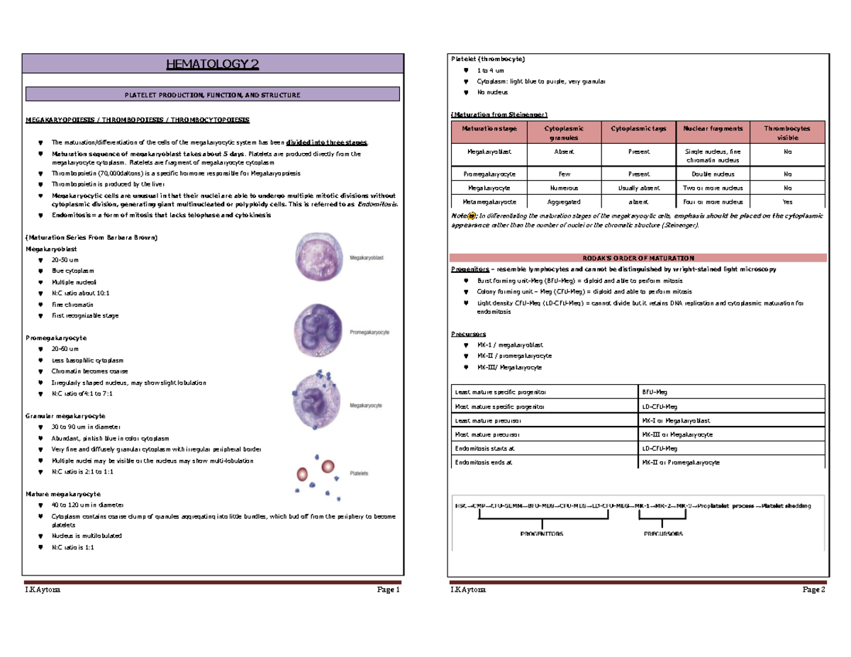 Hematology 2: Platelet Production, Function, and Structure Notes - Studocu