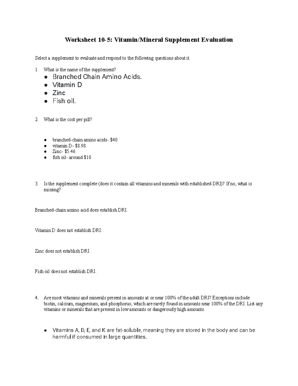 Worksheet 10-5 - Basic Nutrition Assignment - Worksheet 10-5: Vitamin ...