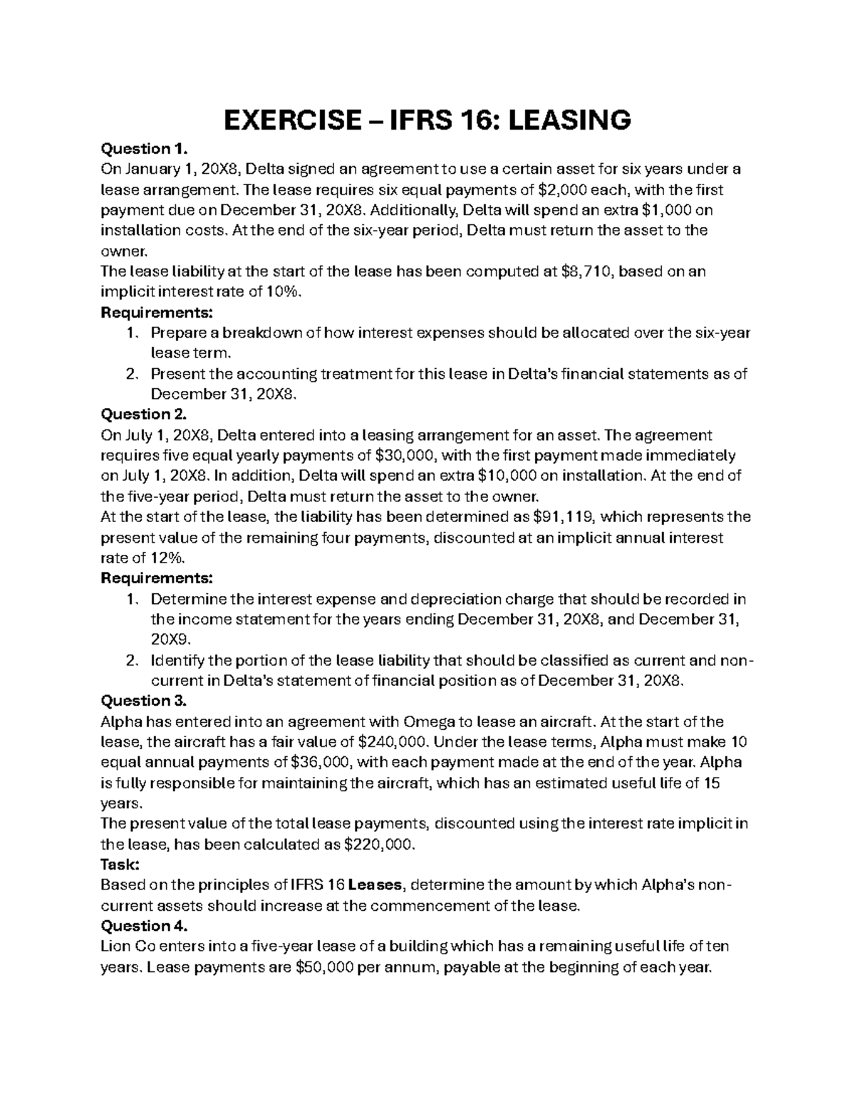 ĐỀ LESSEE Exercise – IFRS 16 Leasing Quiz & Solutions - Studocu