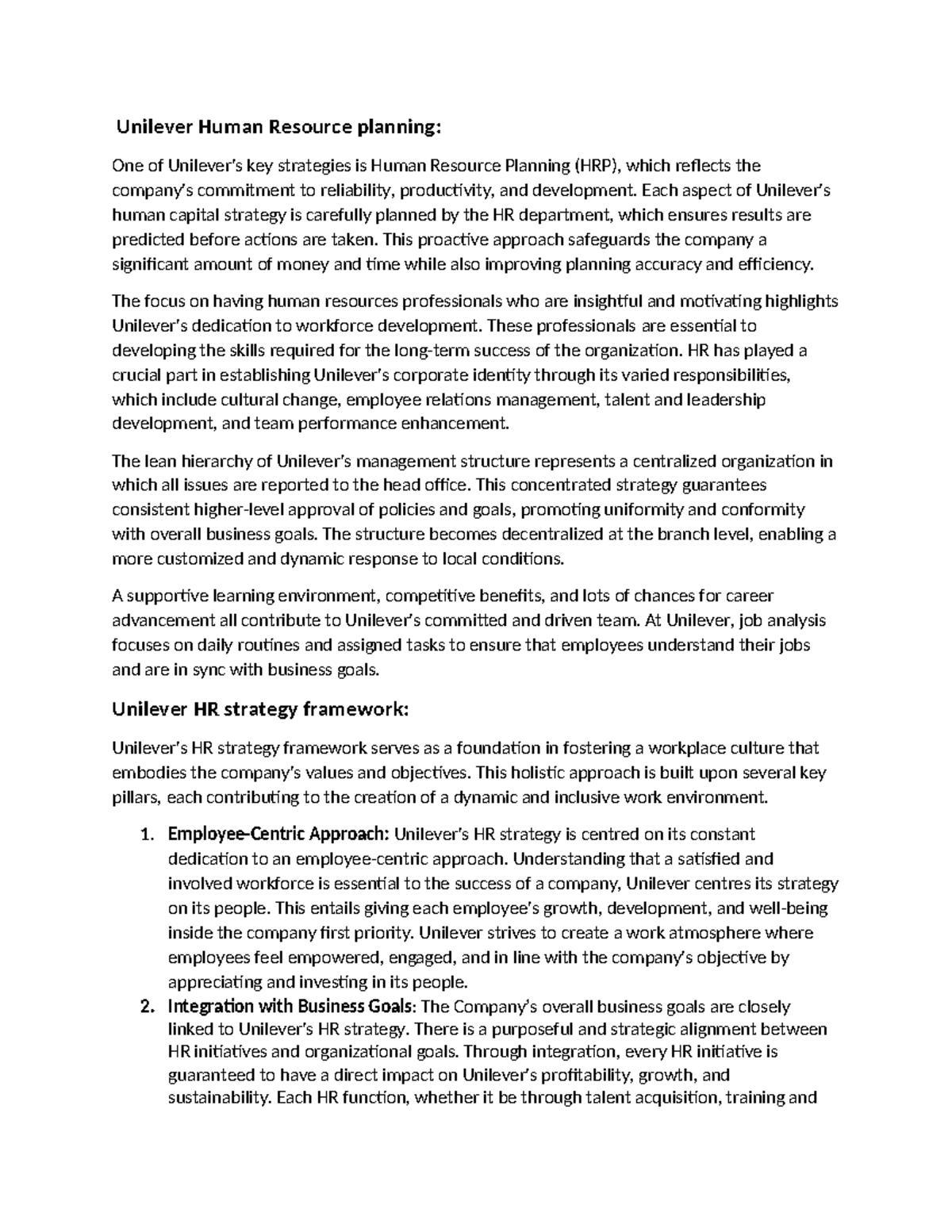 Unilever HR Report: Strategies for Workforce Development and Growth ...