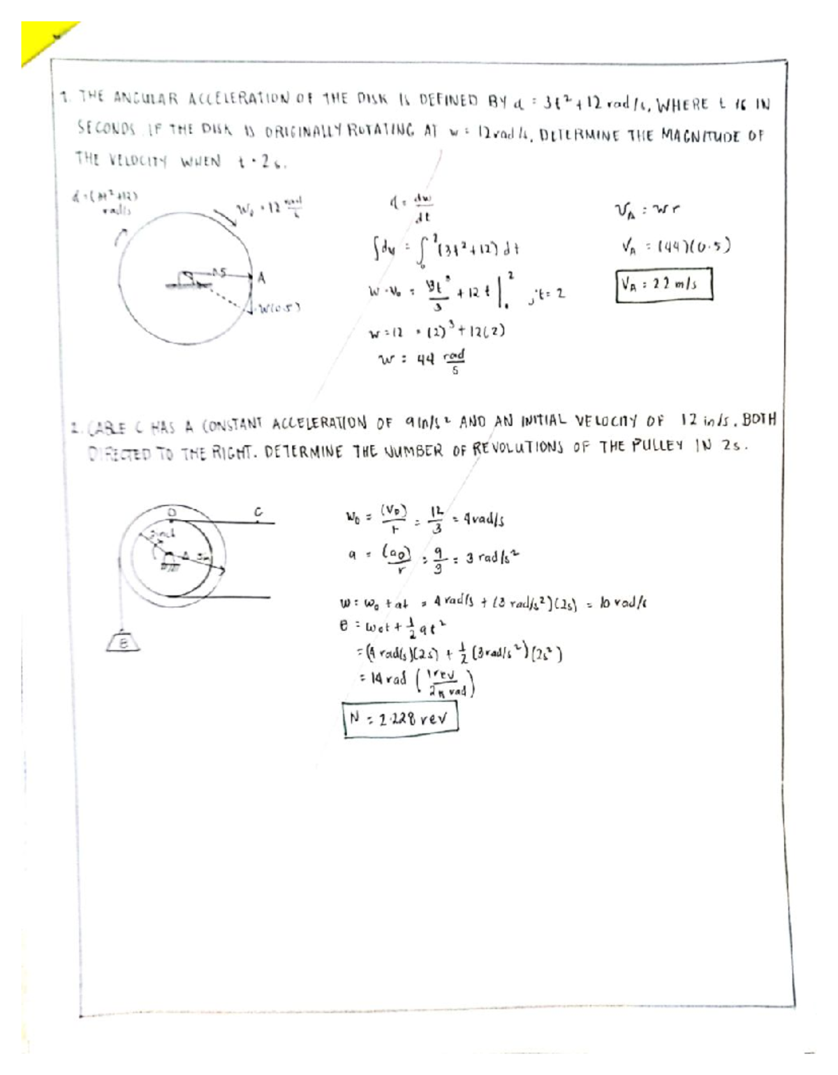 Angular Acceleration and Velocity of a Disk - Physics 101 - Studocu
