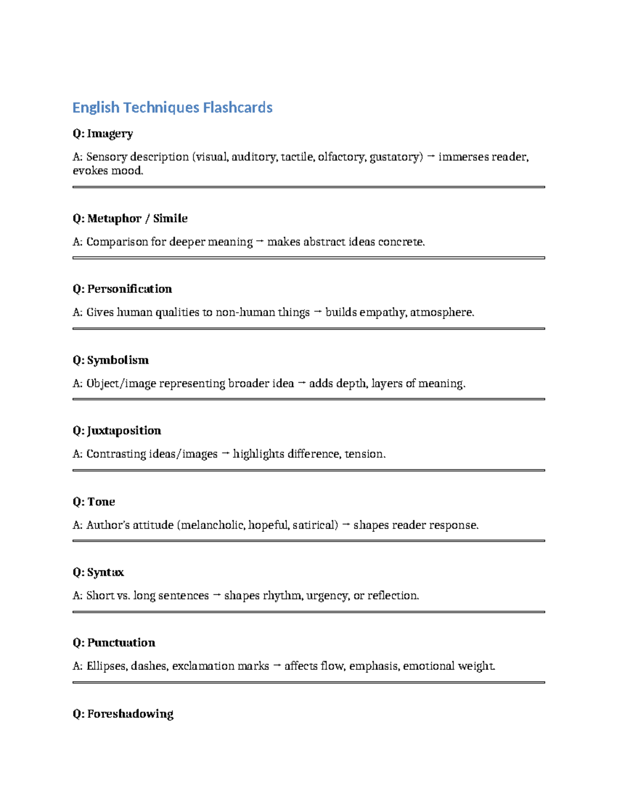 English Techniques Flashcards: Key Literary Devices Explained - Studocu