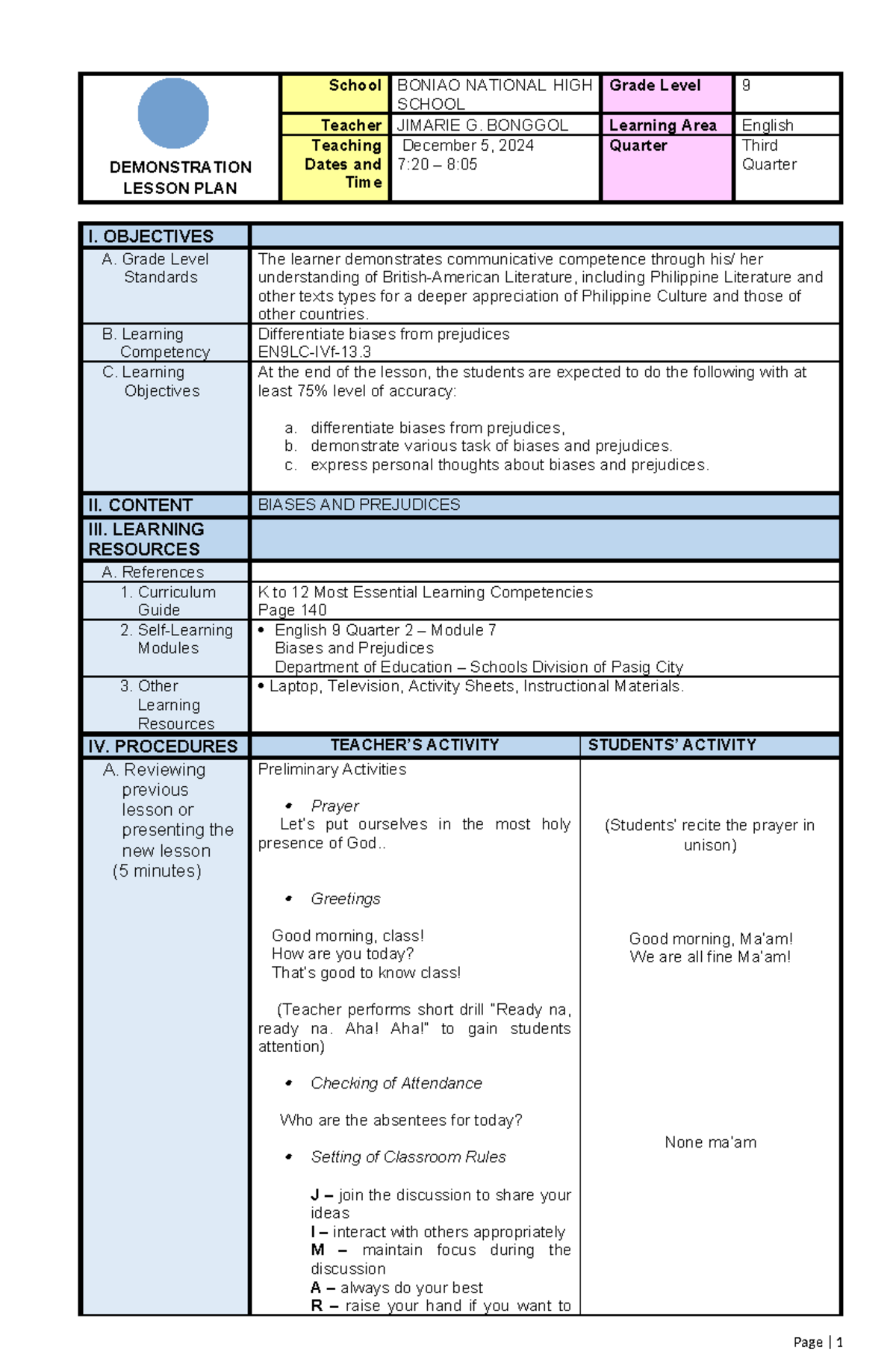 Lesson Plan for 3rd Quarter English 9: Biases and Prejudices - Studocu