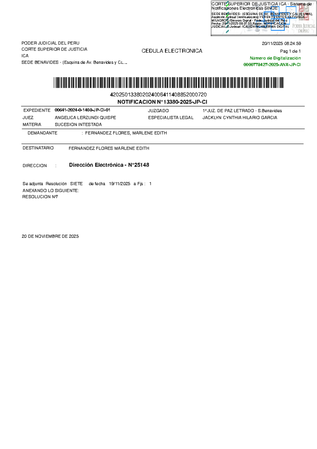 Notificación Judicial - Exp. 00641-2024-0-1408-JP-CI-01 - Corte ...