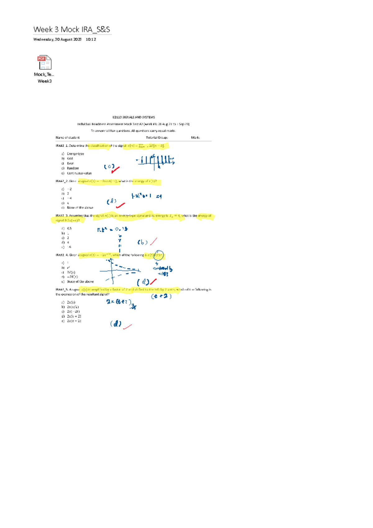 Signals Mock IRA 2 - EE2010 - Week 3 Mock IRA_S&S Wednesday, 30 August 2023 10: Mock_Te... Week ...
