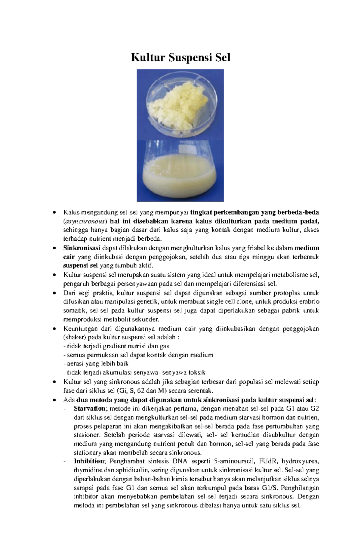 Kultur Suspensi Sel: Deskripsi, Metode, dan Keuntungan (PKM 101) - Studocu