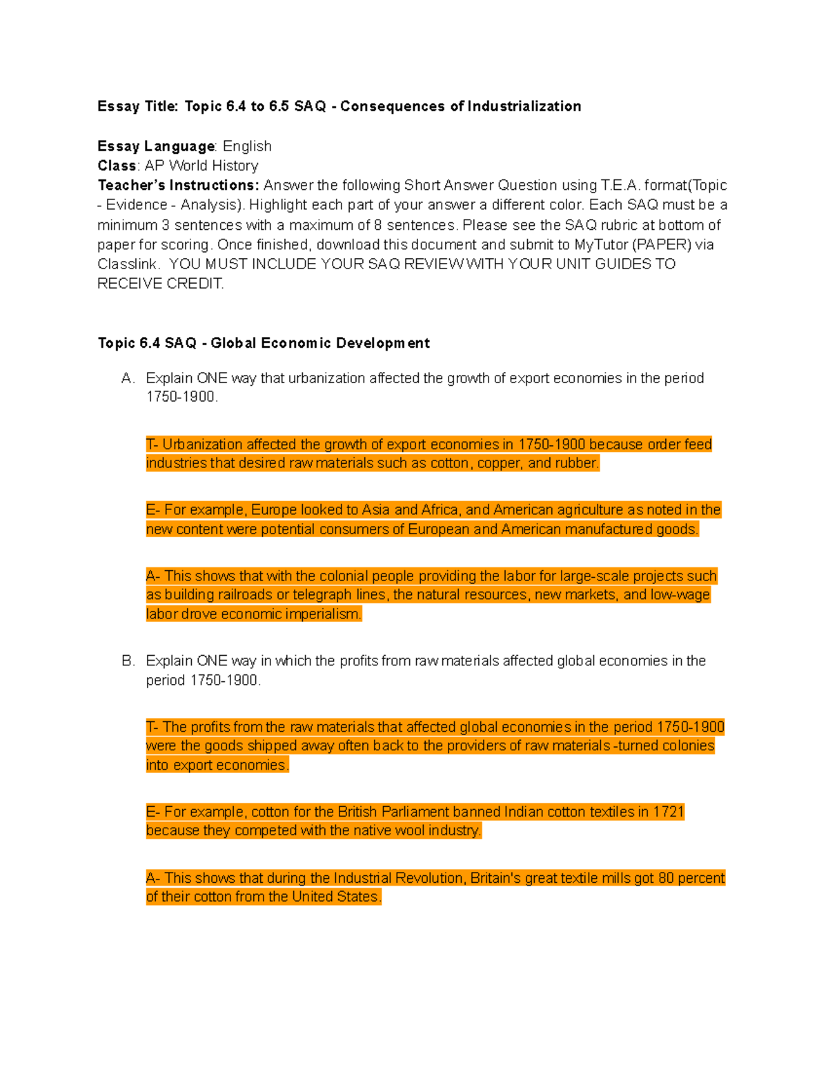 AP World History: SAQ Draft on Topics 6.4 & 6.5 - Industrialization ...