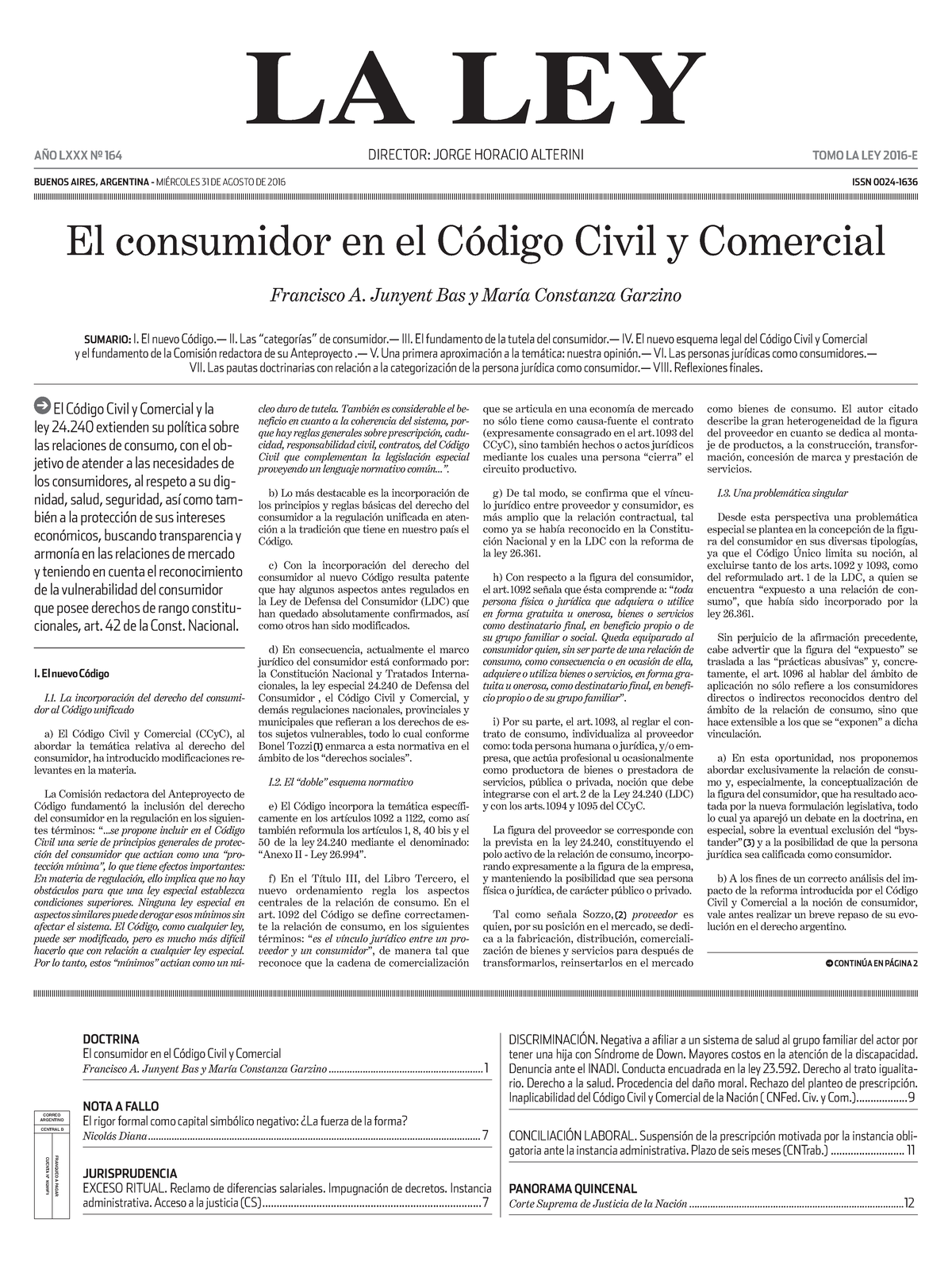 El Consumidor en el CCCN: Análisis del Artículo de Junyent Bas - Studocu