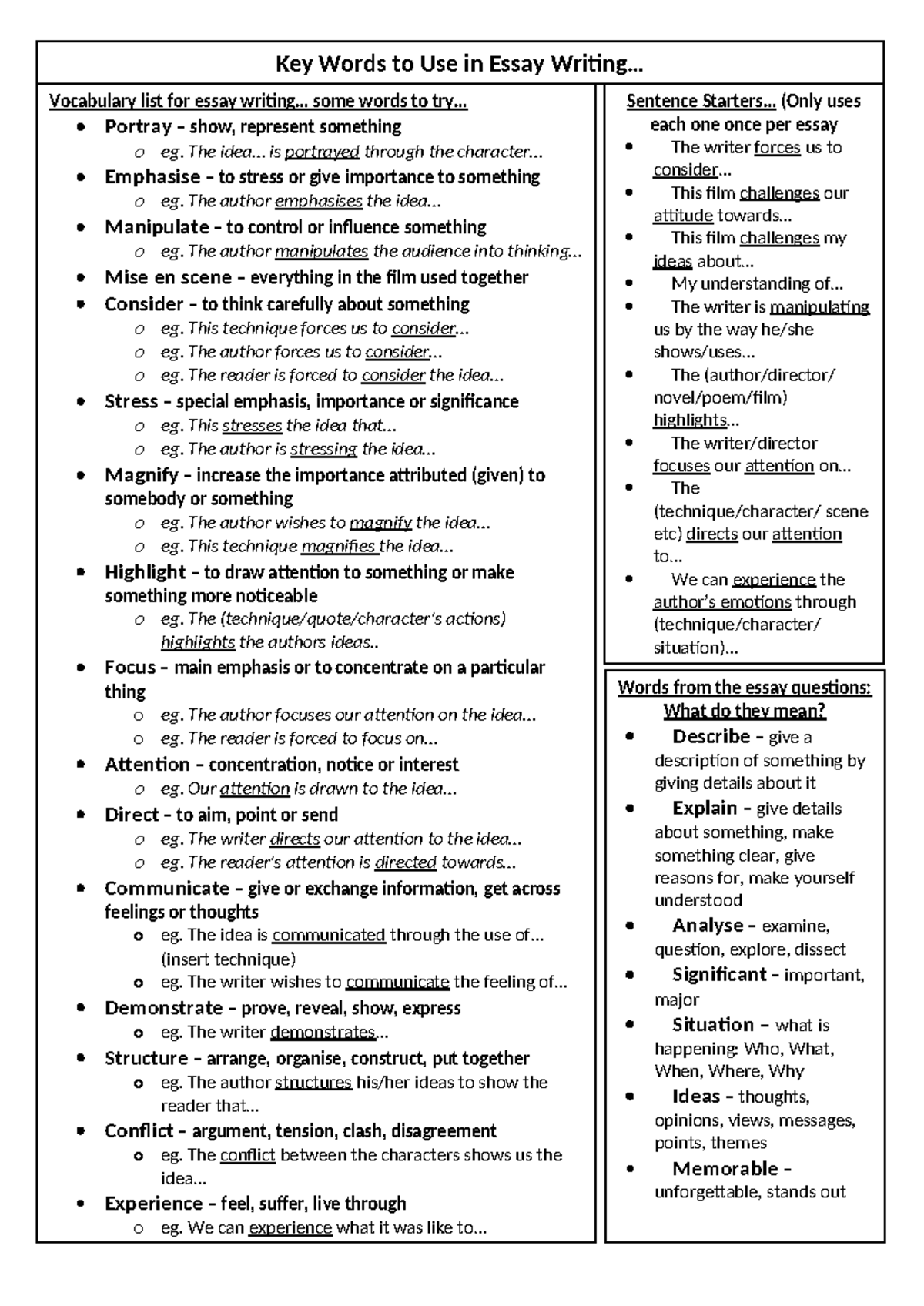 Key Words for Essay Writing: Vocabulary List and Usage - Studocu