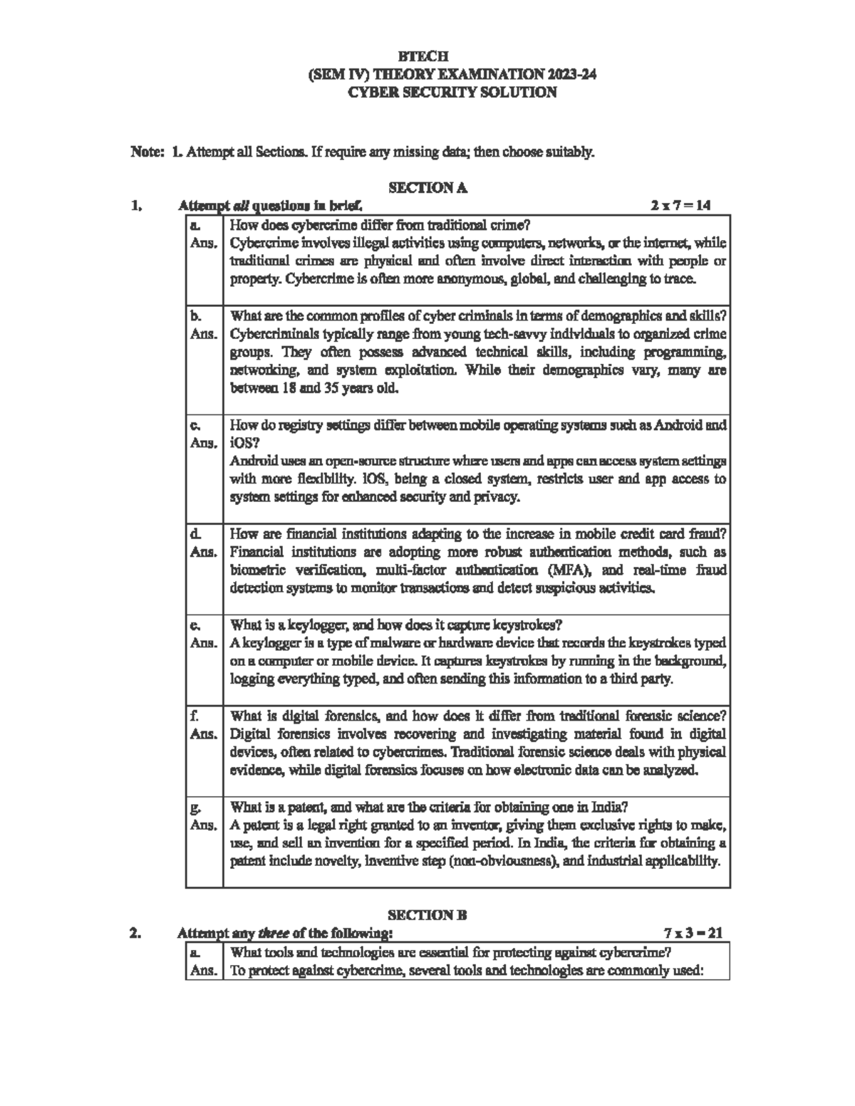 Cyber security answer - nothing - BTECH (SEM IV) THEORY EXAMINATION CYBER SECURITY SOLUTION Note ...