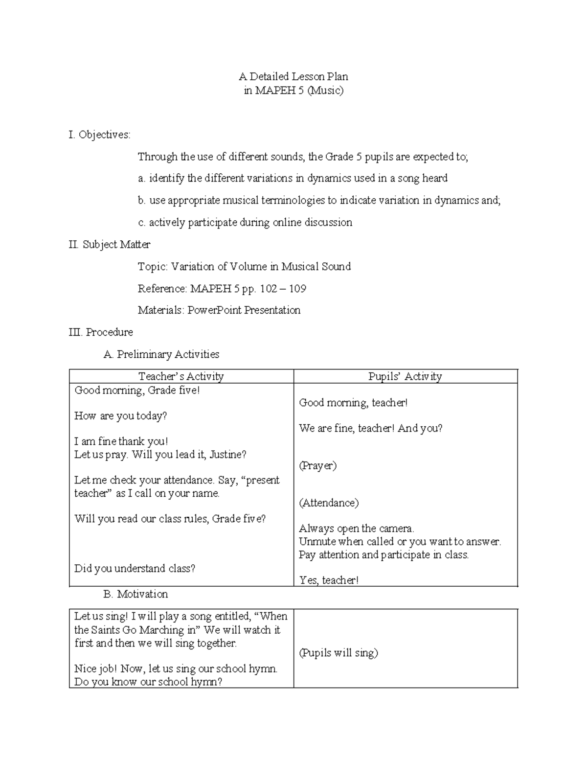 MAPEH 5 Lesson Plan: Exploring Dynamics in Music for Grade 5 - Studocu
