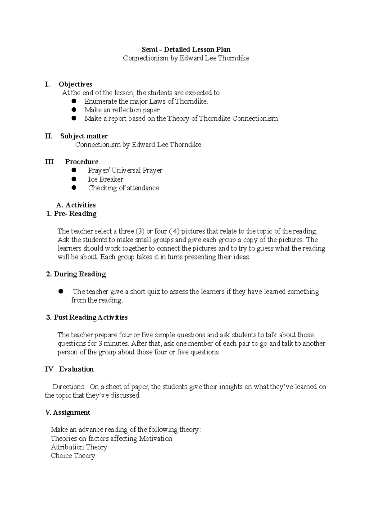 EDU101: Semi-Detailed Lesson Plan on Thorndike's Connectionism - Studocu