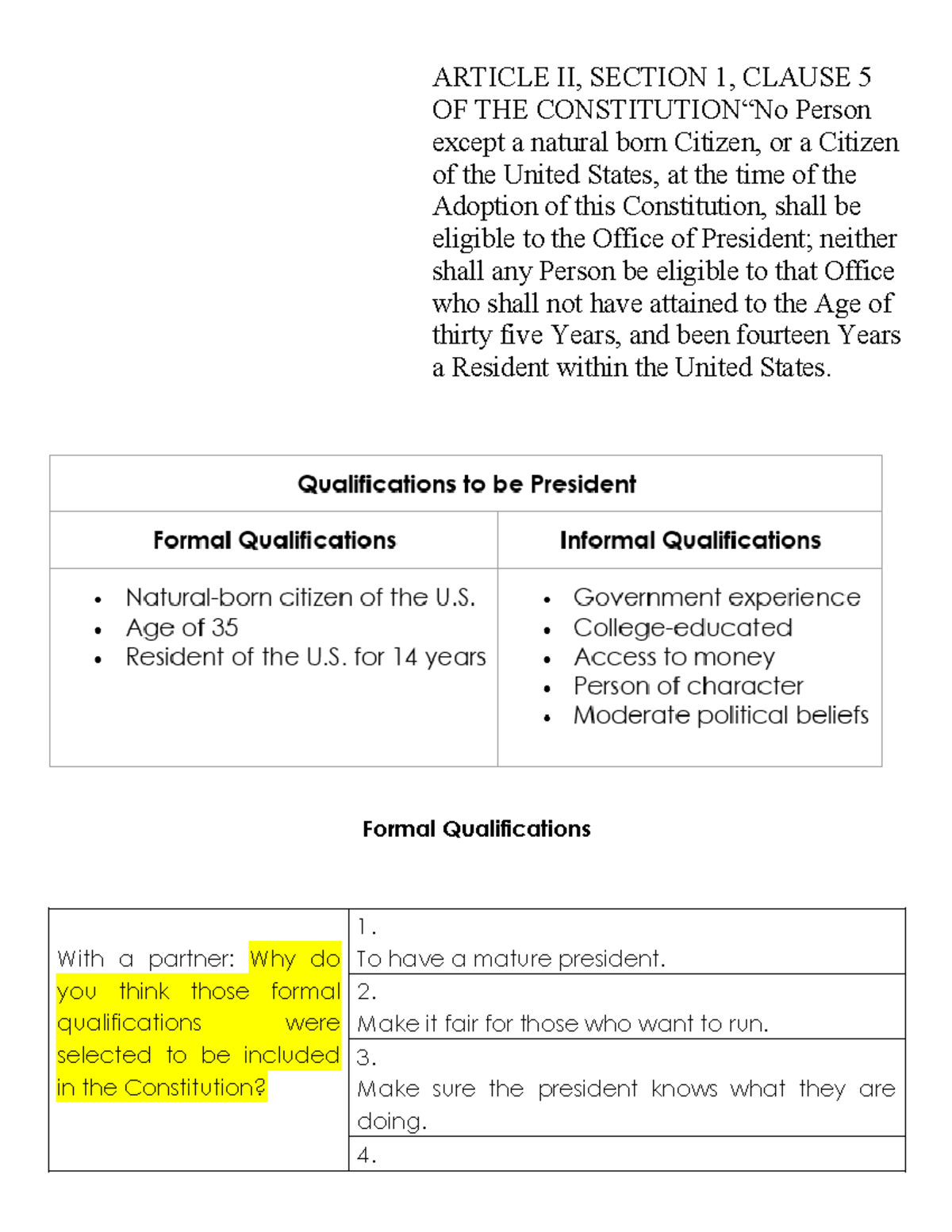 Am Gov & Civics AKS 33a&b: Formal Qualifications for President - Studocu