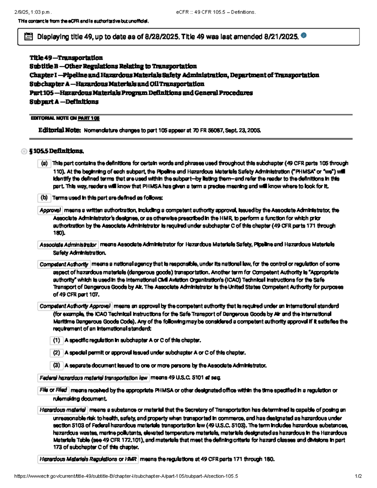 49 CFR 105.5 - Definitions in Hazardous Materials Regulations - Studocu