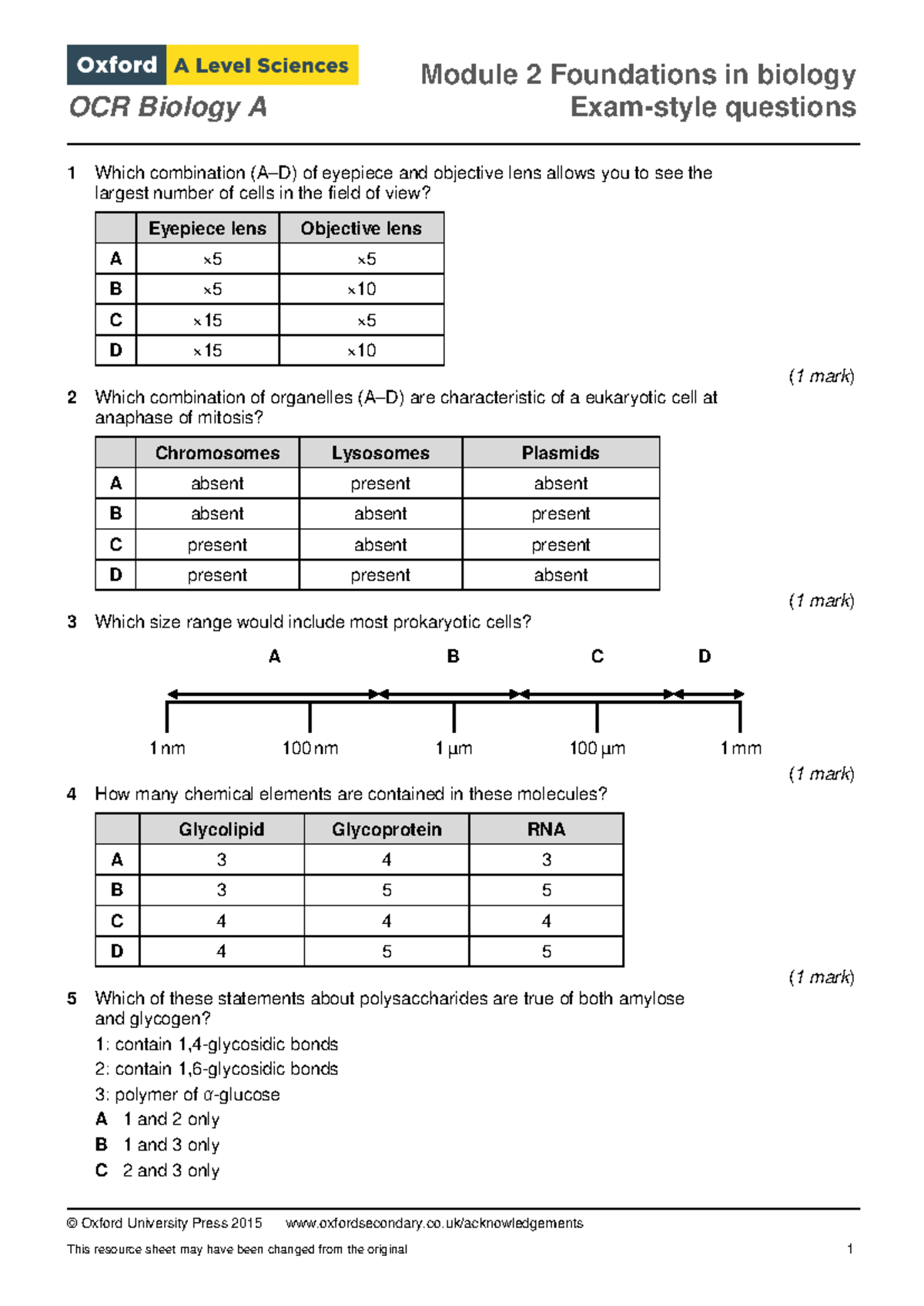 OCR Biology A Exam-style Questions on Biological Molecules and Cells ...