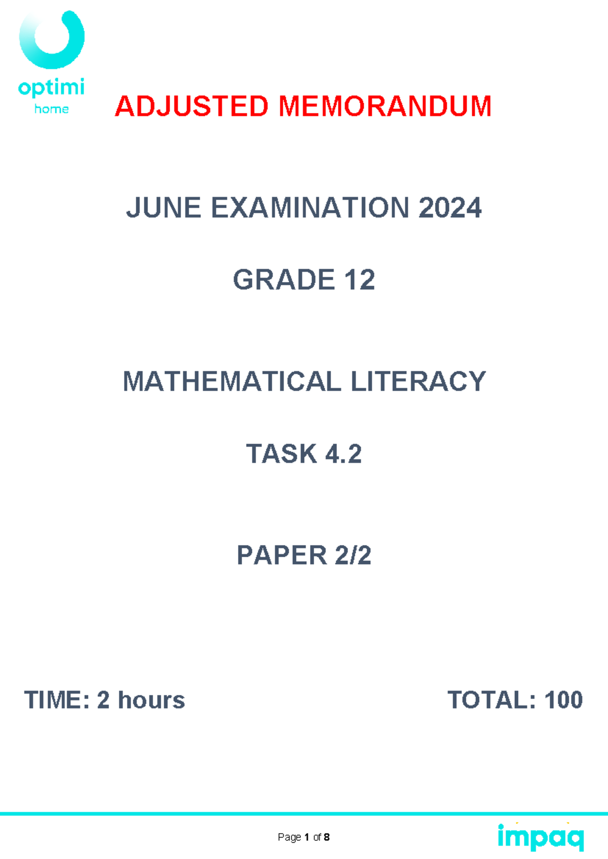 G12 Mathematical Literacy June Exam 2024 Memorandum - Task 4.2 - Studocu