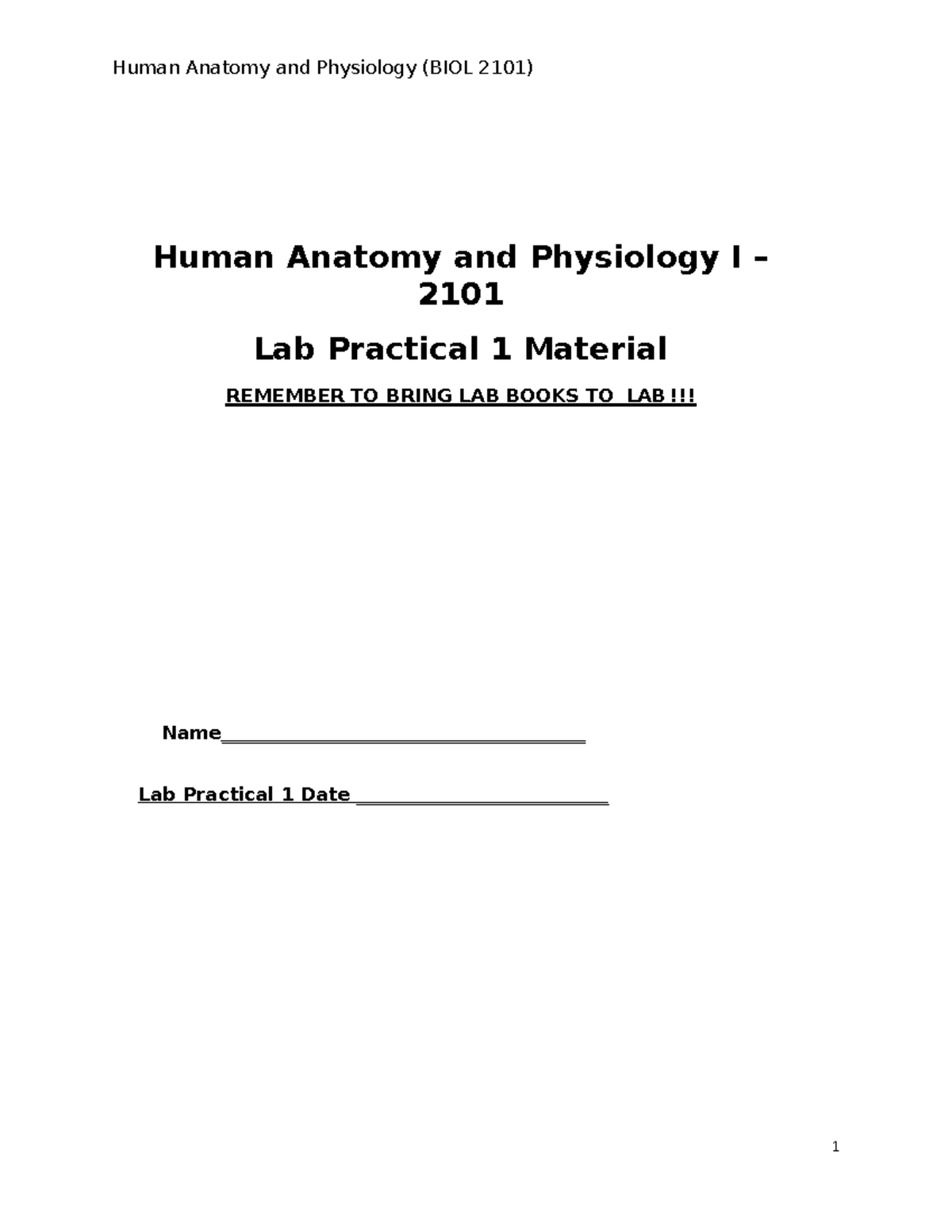 Human Anatomy and Physiology I - Lab Practical 1 Material 1 - - Studocu