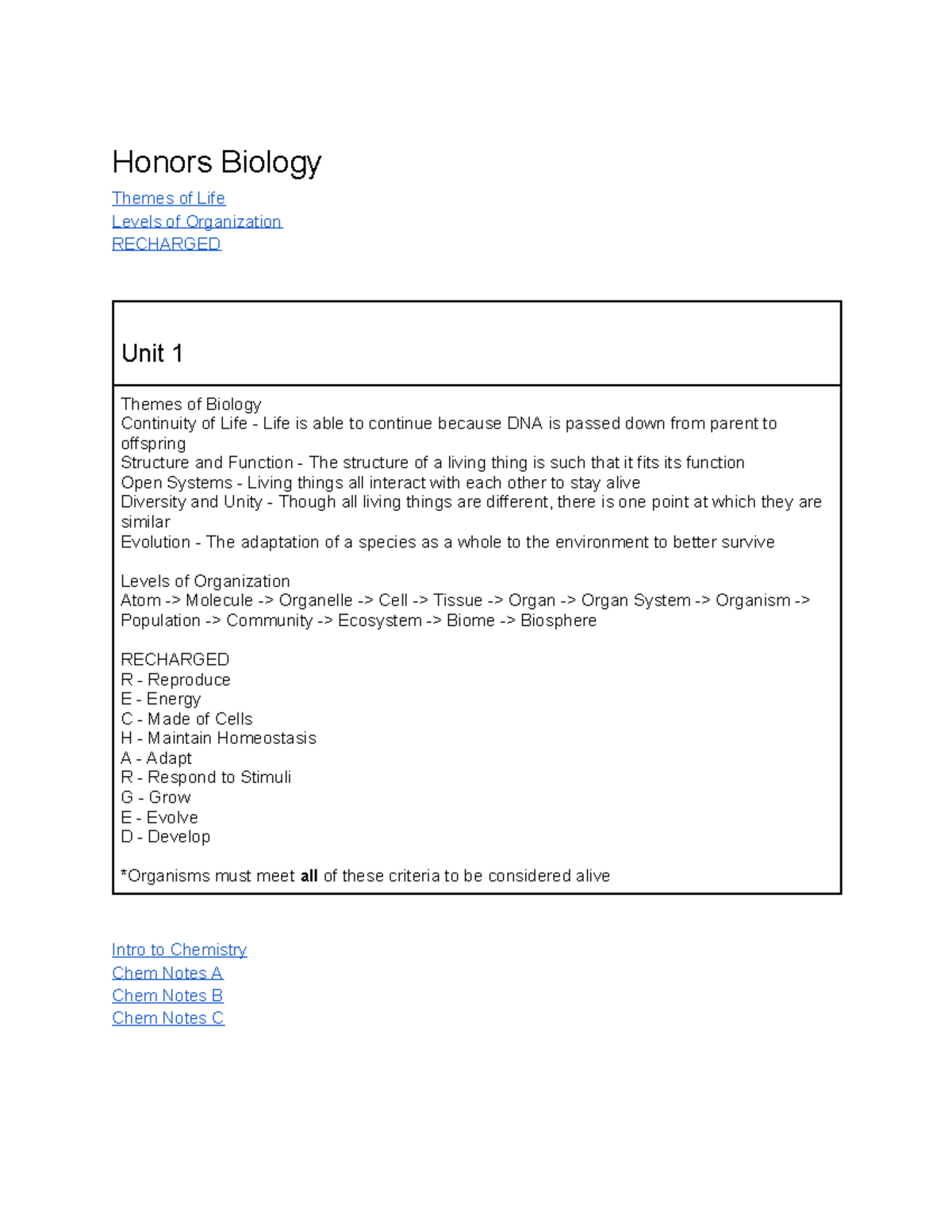 Honors Biology Notes & Resources (Grade 9) - Comprehensive Guide - Studocu