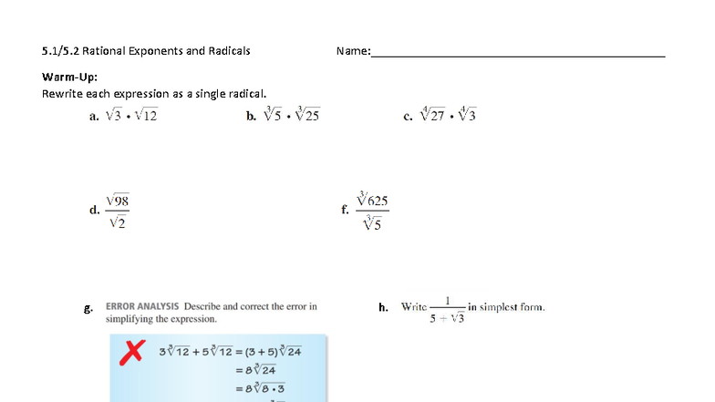 5.1 5.2 Day 2 - n/a - 5.1/5 Rational Exponents and Radicals - Studocu