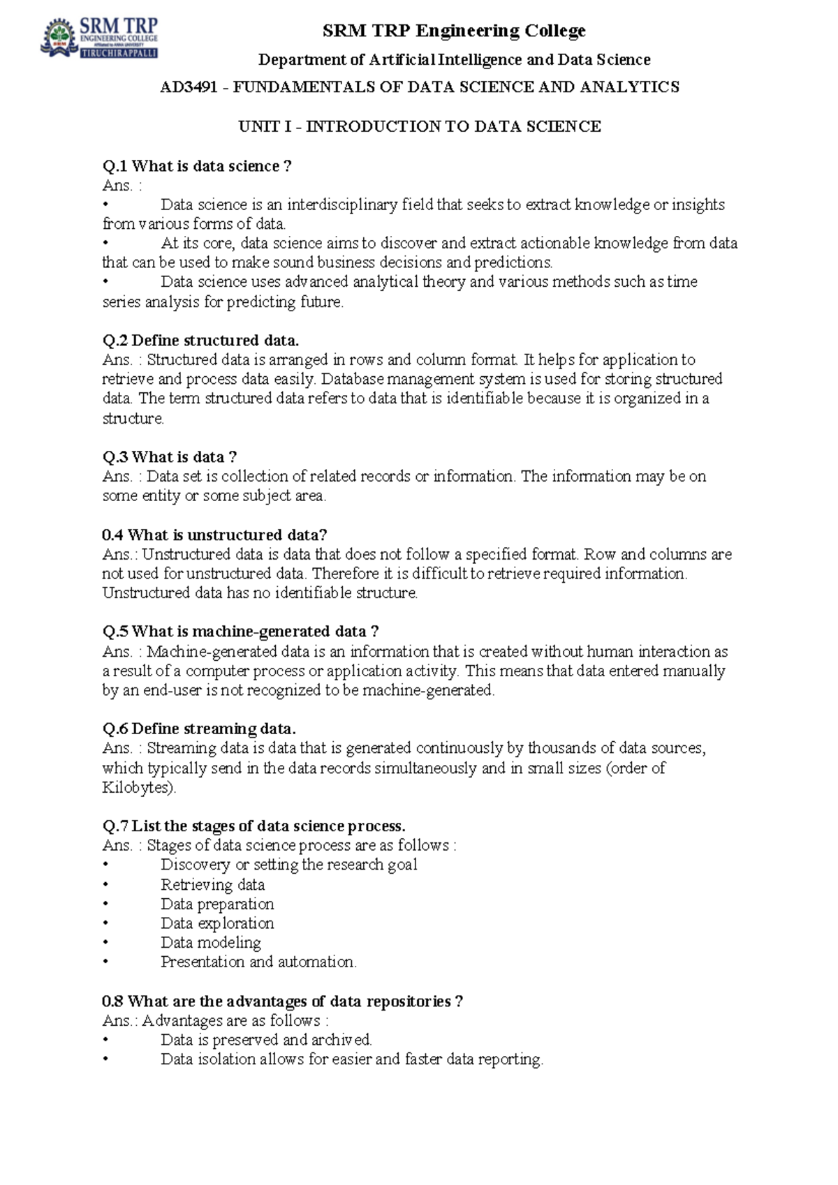 AD3491 - Fundamentals of Data Science & Analytics: 2 MARK Q&A - Studocu