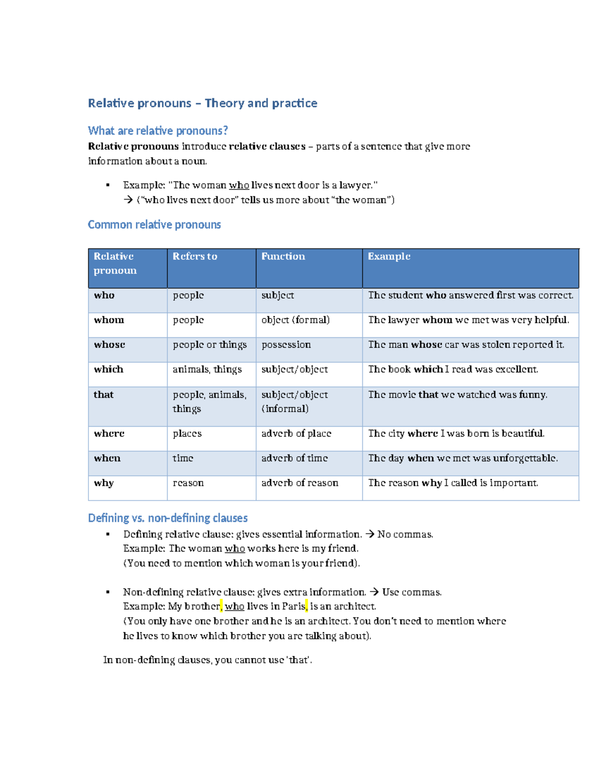 Relative Pronouns: Theory & Practice - Answer Key (ENG 101) - Studocu