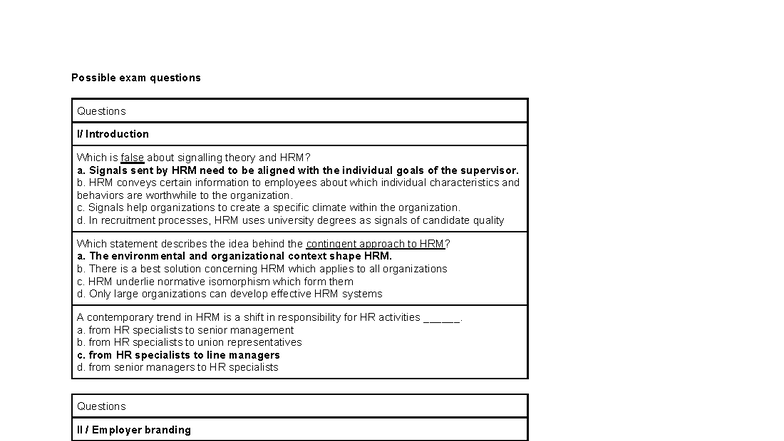 HRM 101: MCQ Examples & Answers for Exam Preparation - Studocu