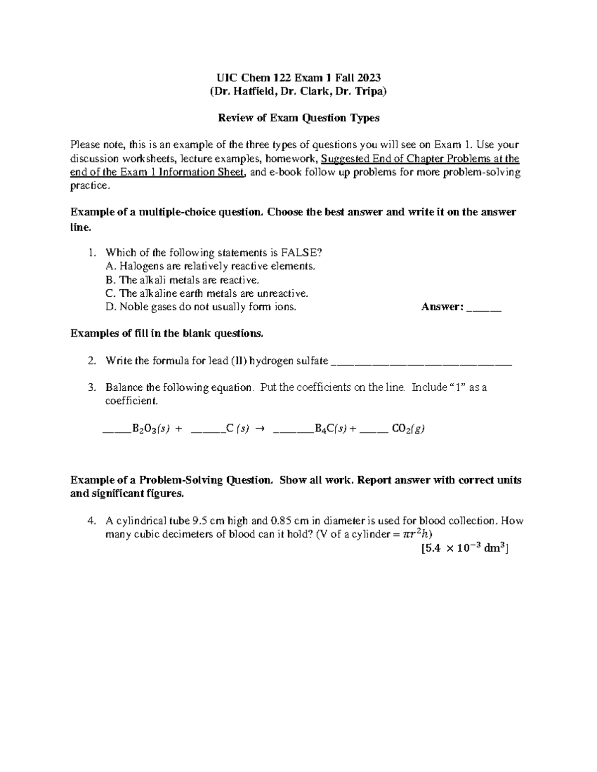 Chem 122 Exam 1 Review Questions - Fall 2023 - Studocu