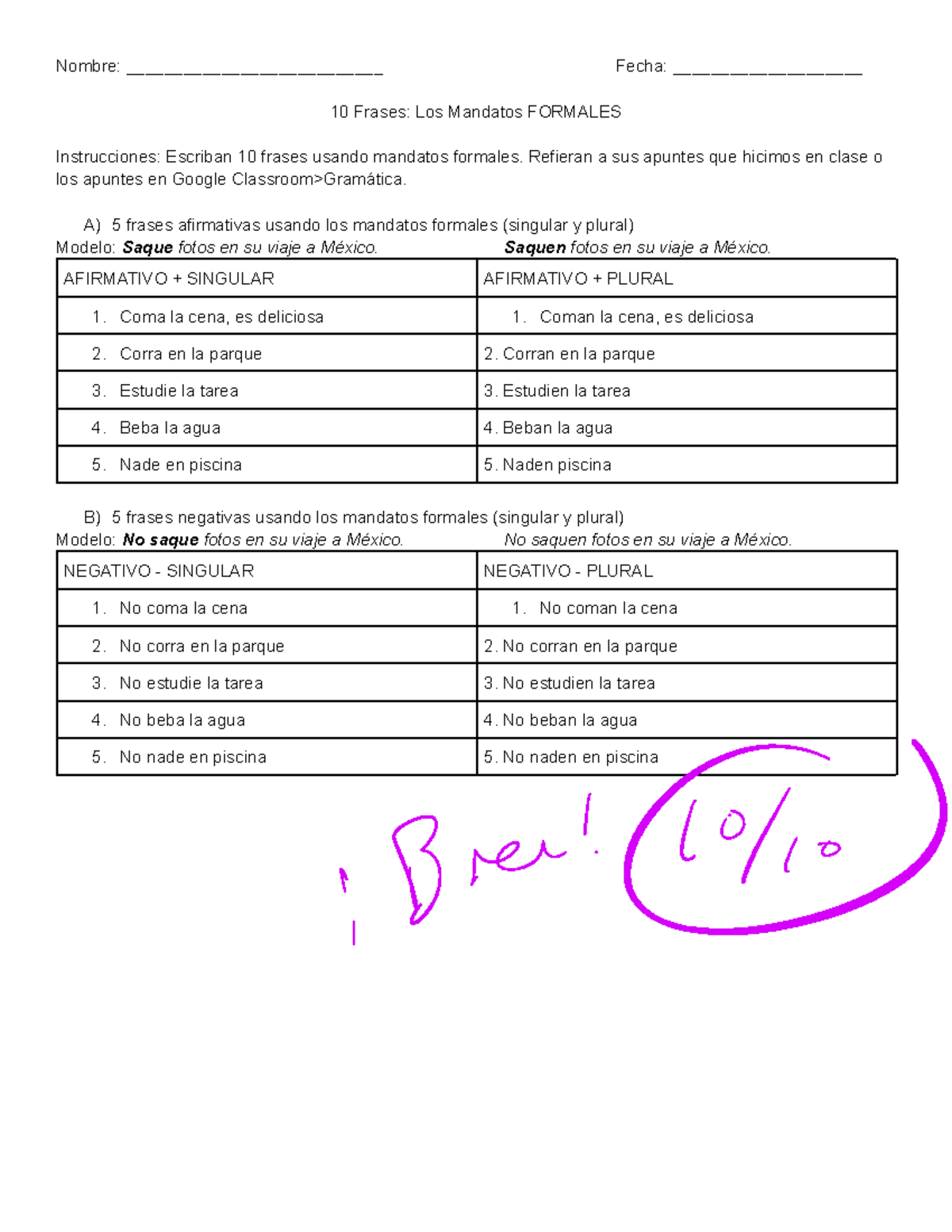 Frases de Mandatos Formales: Ejercicios Afirmativos y Negativos - Studocu