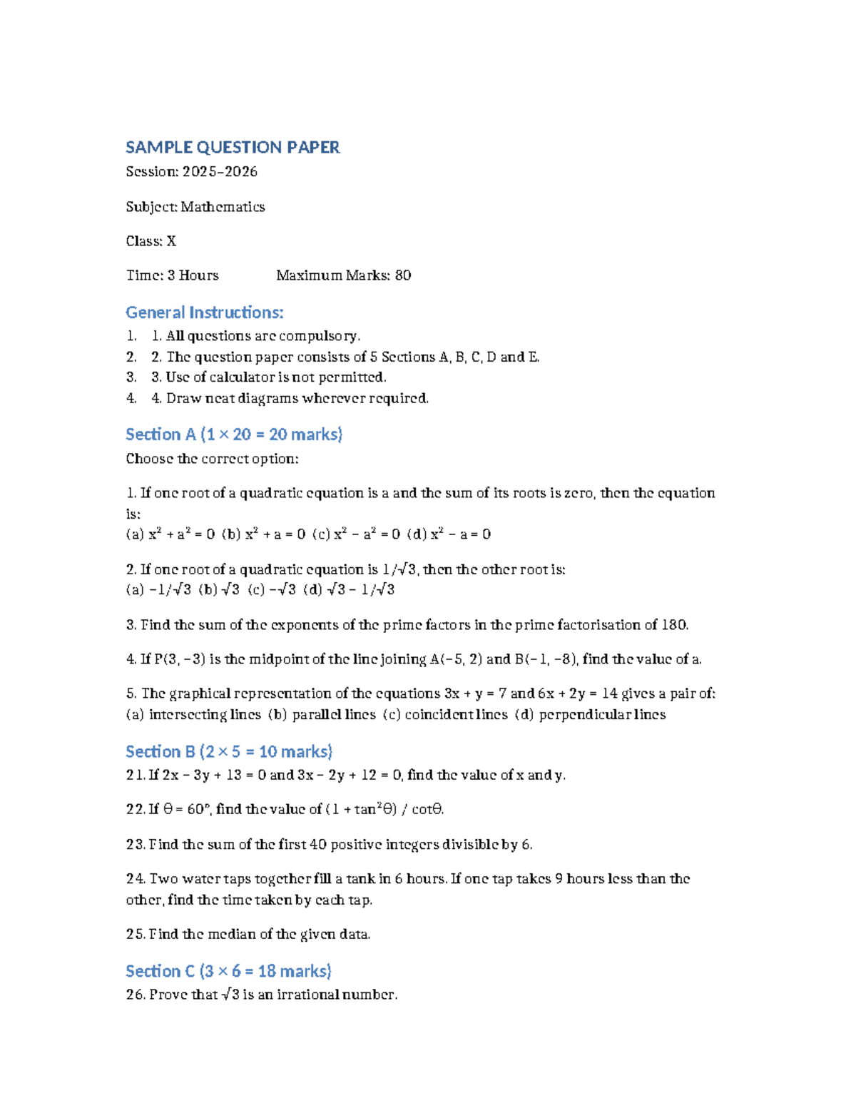 Class 10 Mathematics Question Paper-1 (Sample) - Studocu