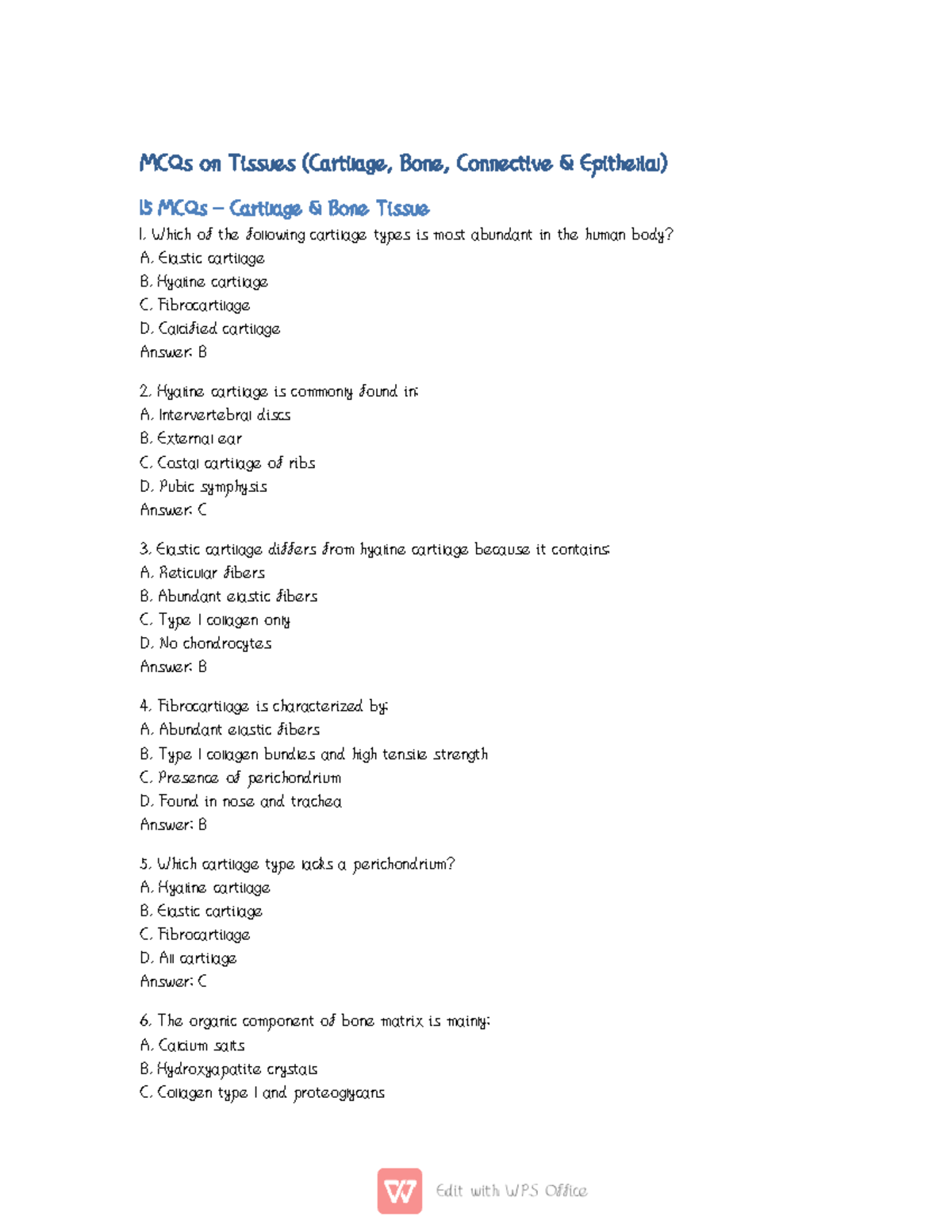 MCQs on Tissues: Cartilage, Bone, and Connective Tissue (15 Questions ...