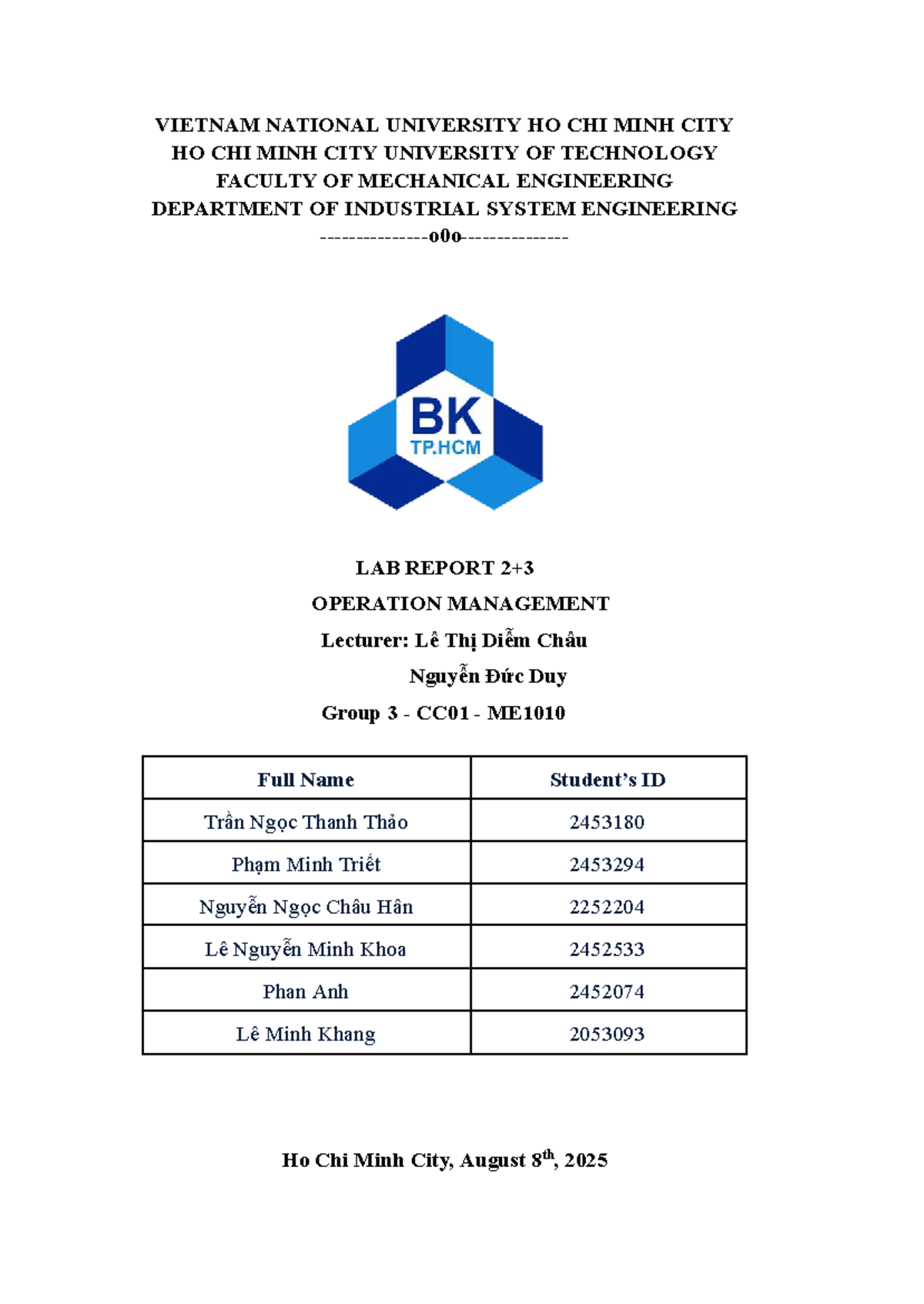 Lab Report on Operation Management - Group 3 (ME1010) - Studocu