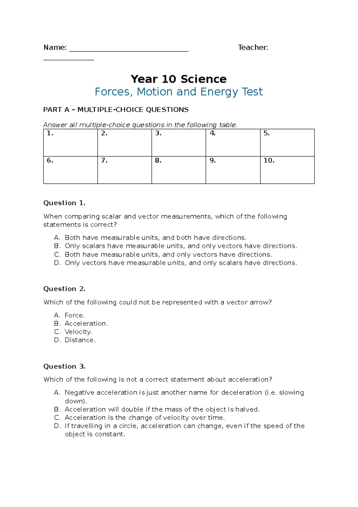 Forces, Motion and Energy Test (Year 10 Science) - Studocu