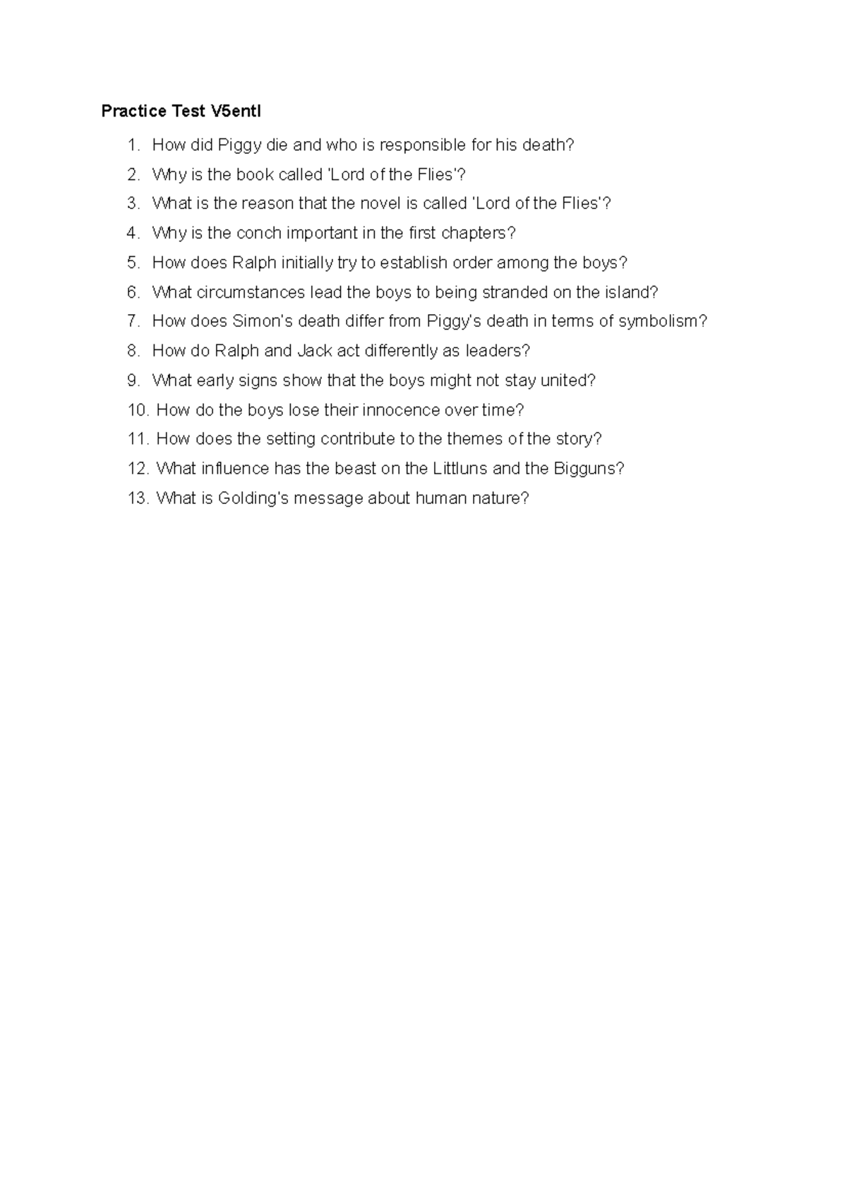 Practice Test: Lord of the Flies Analysis and Themes - Studeersnel