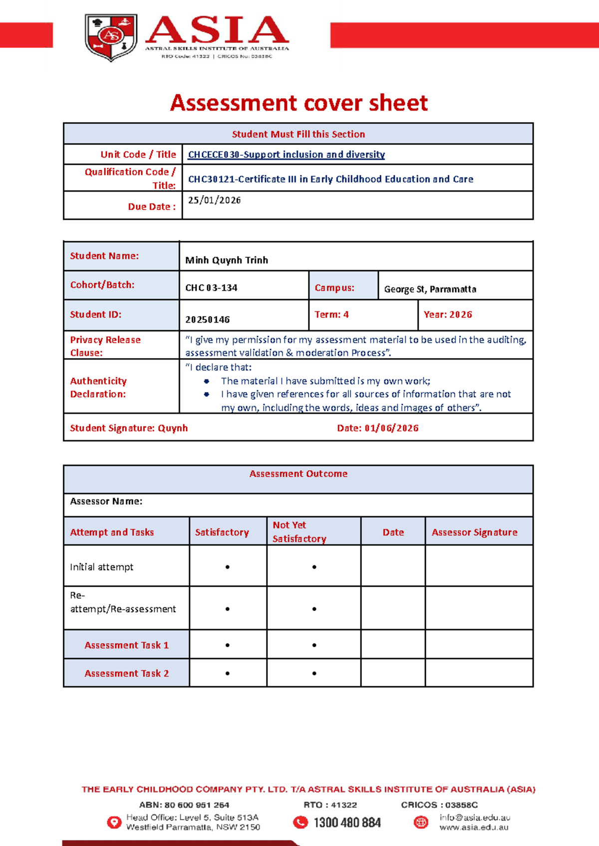 CHCECE030 Student Assessment Tasks: Inclusion & Diversity in ECE - Studocu
